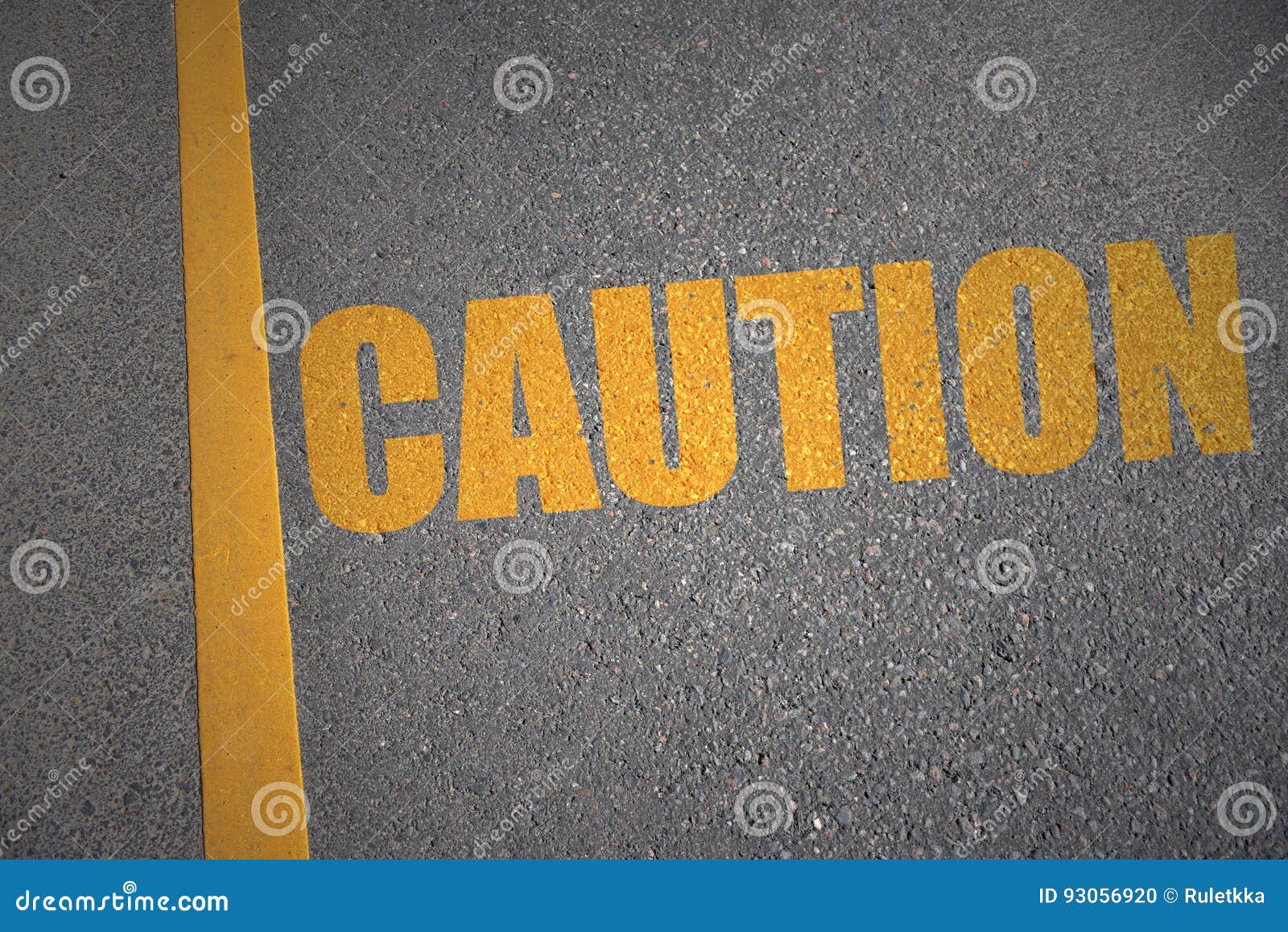 Asphalt Road with Text Caution Near Yellow Line Stock Photo - Image of ...