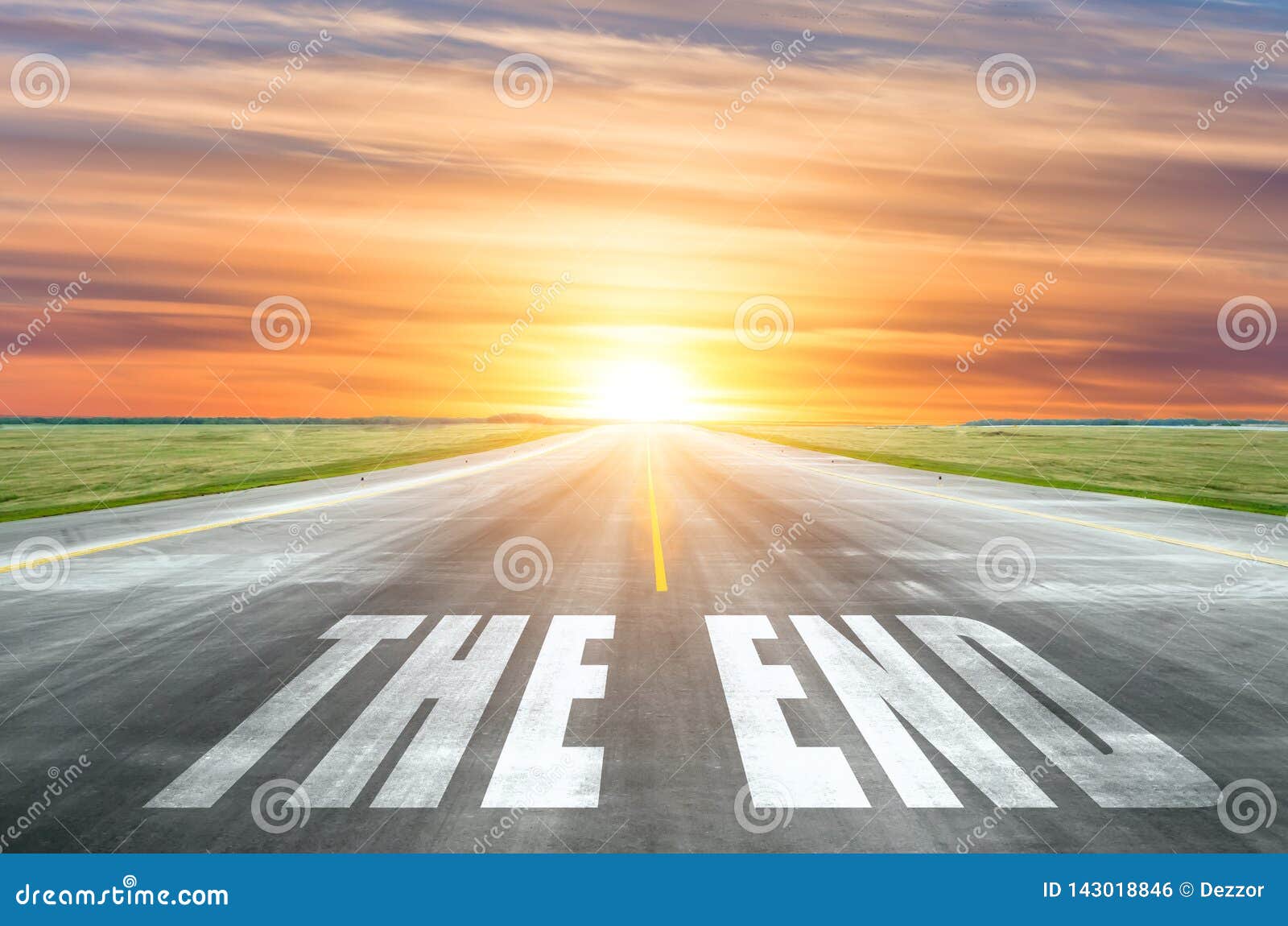 Asphalt Road with Text - the End. the Highway Goes into the Sunset Sky ...