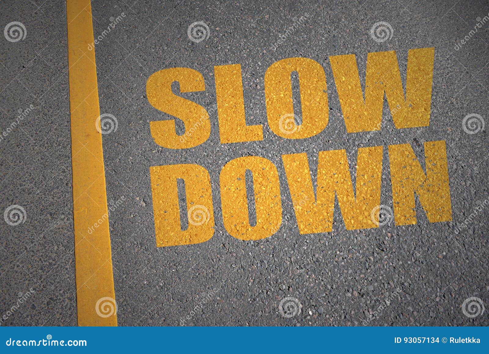 Asphalt Road with Text Slow Down Near Yellow Line Stock Photo - Image ...