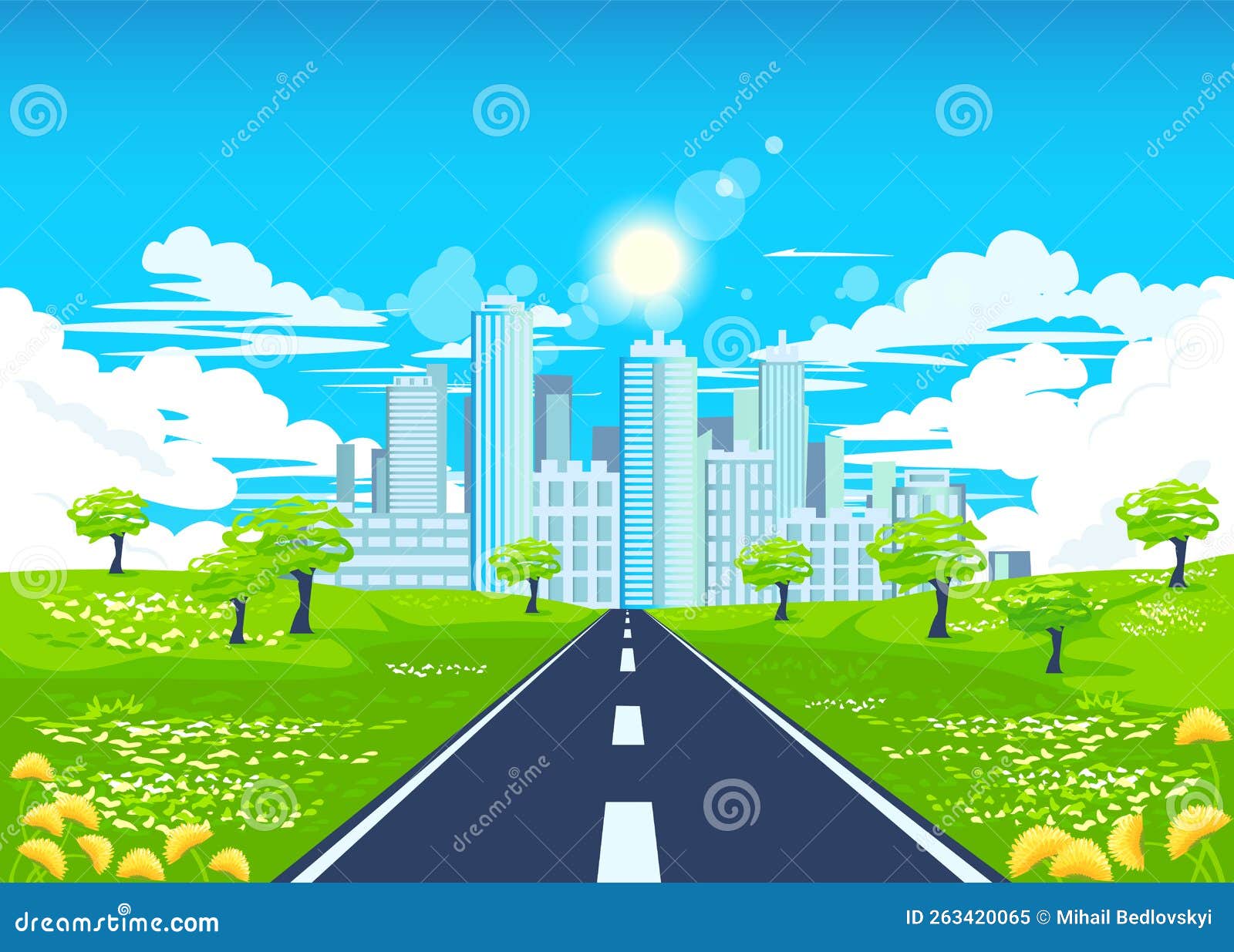 Asphalt road to the city stock vector. Illustration of business - 263420065