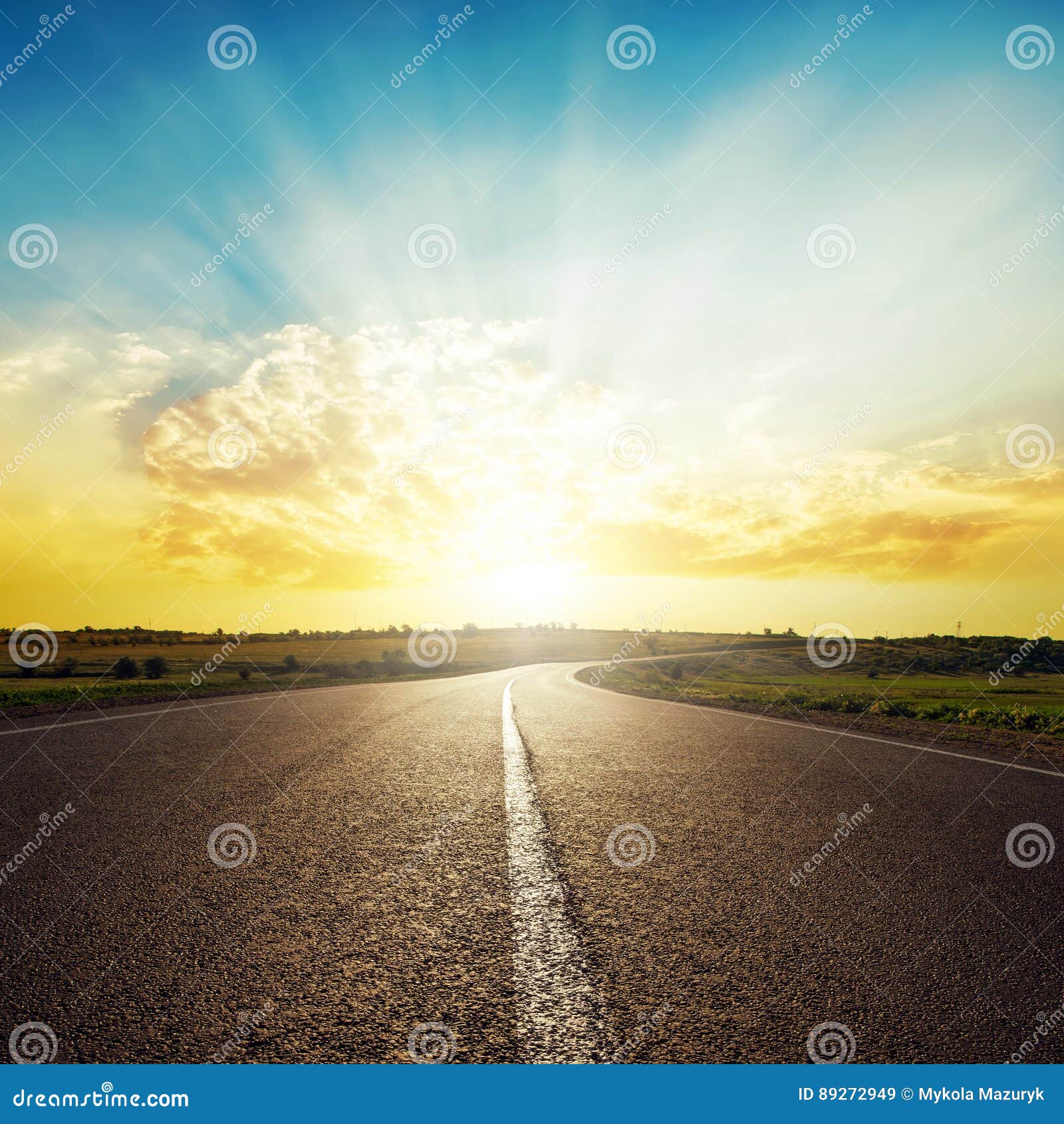 Asphalt Road To Horizon and Sunset in Clouds Stock Image - Image of ...