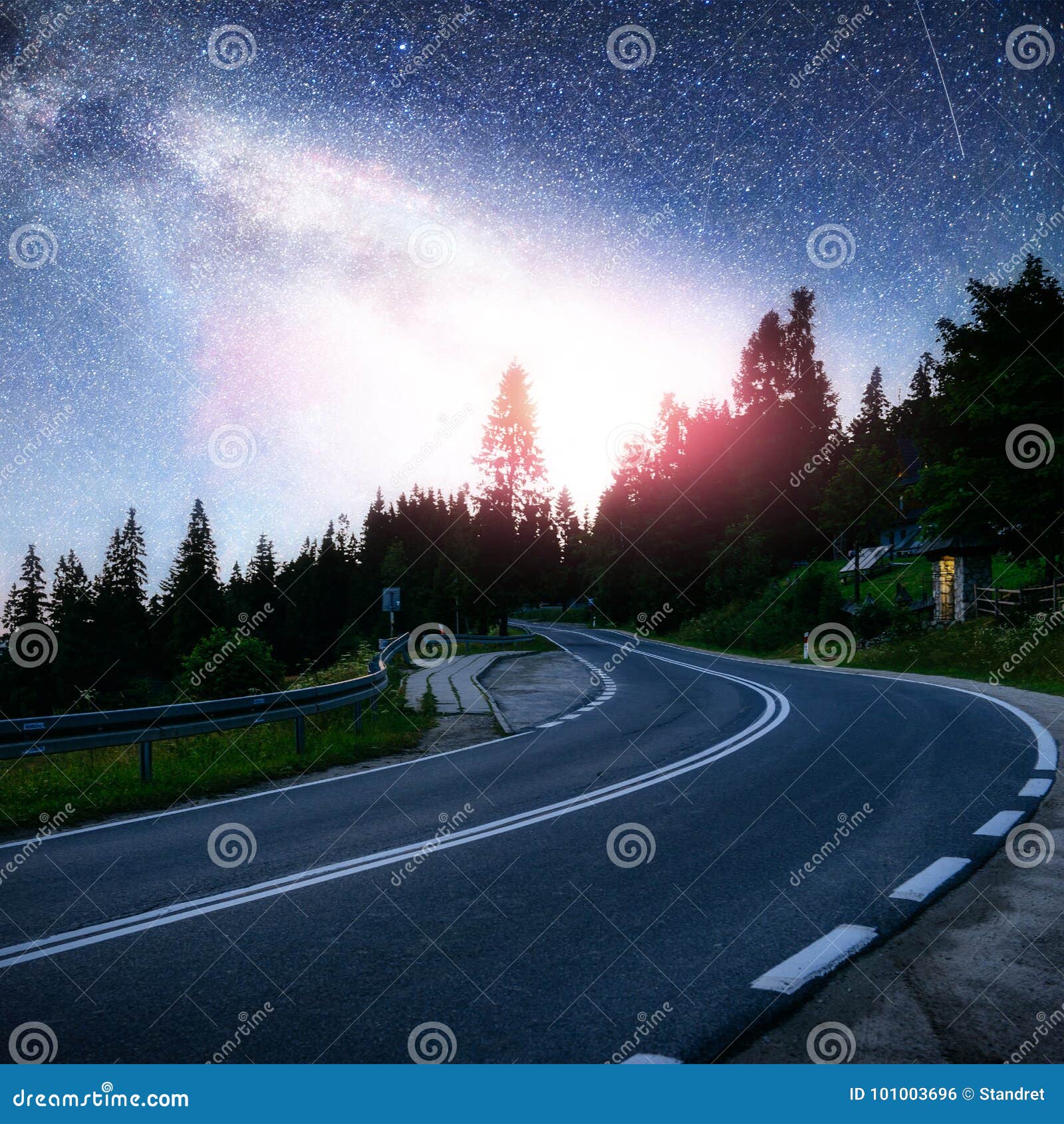 Asphalt Road Under A Starry Night Sky And The Milky Way Stock ...