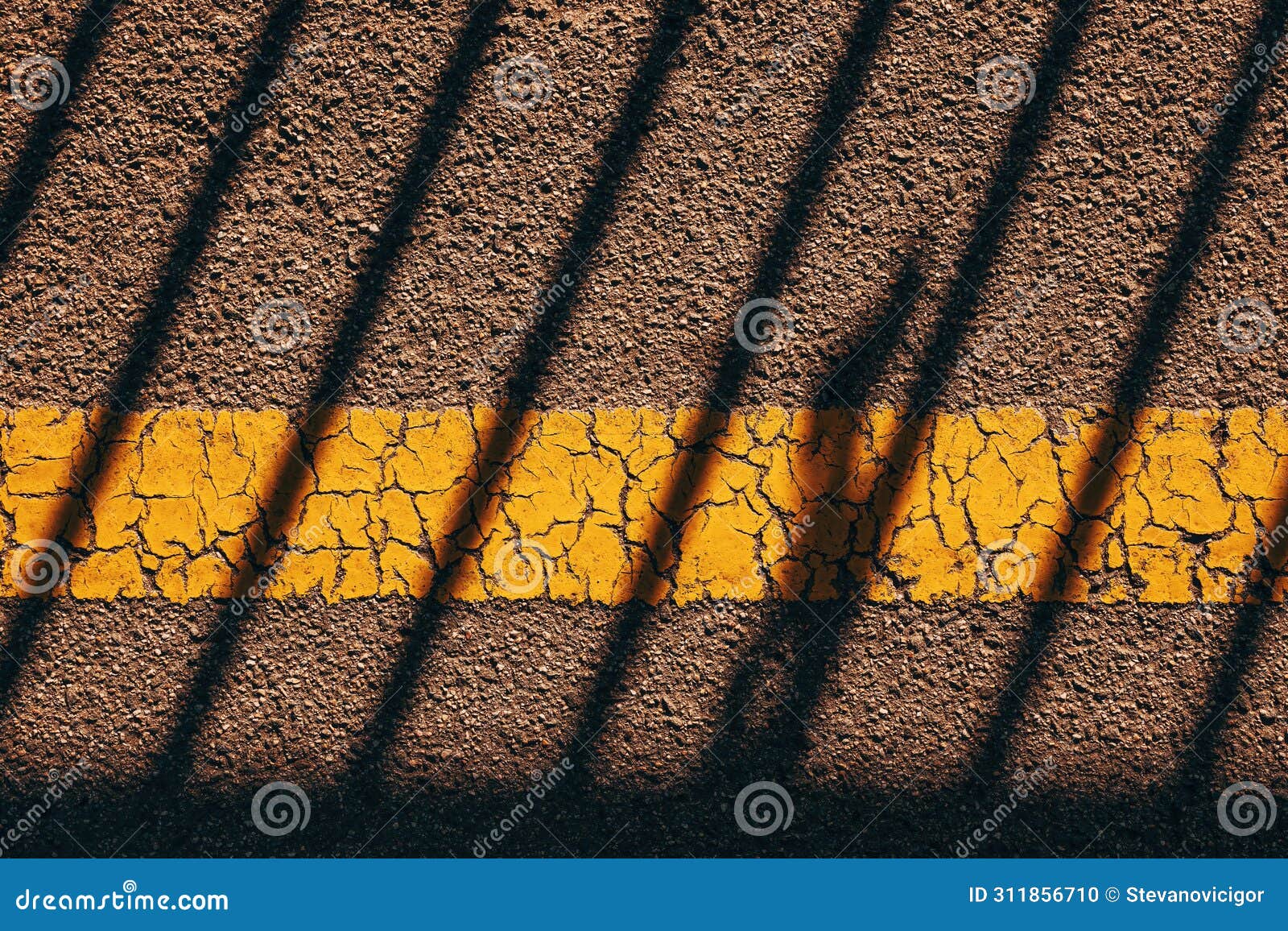 Asphalt Sidewalk Surface with Worn Yellow Line and Striped Shadow ...