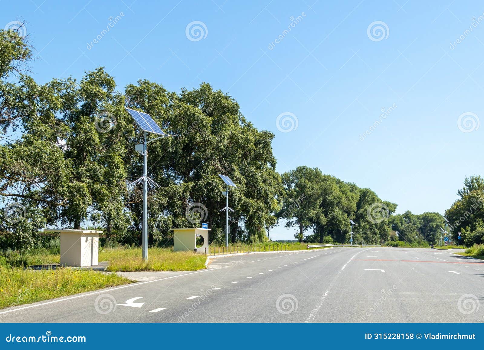 Asphalted Highway. Lanterns with Solar Panels Along the Road Stock ...