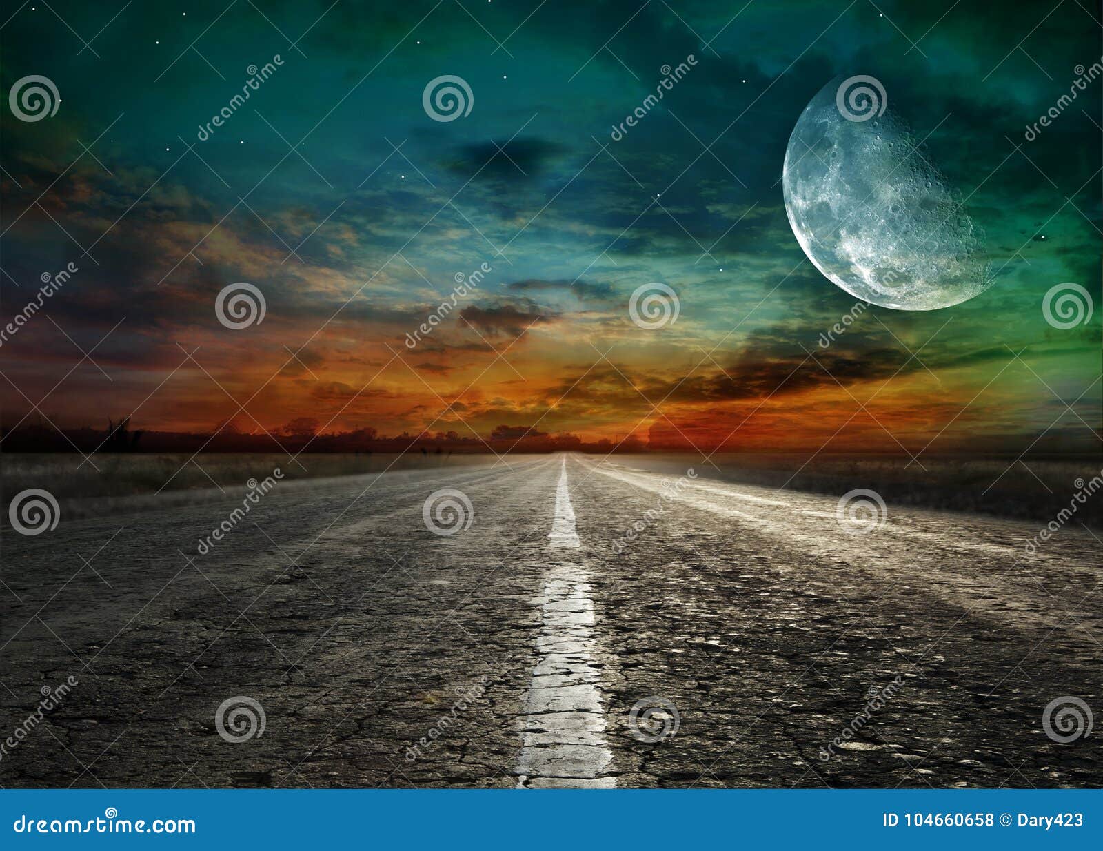 Asphalted road end moon stock photo. Image of evening - 104660658