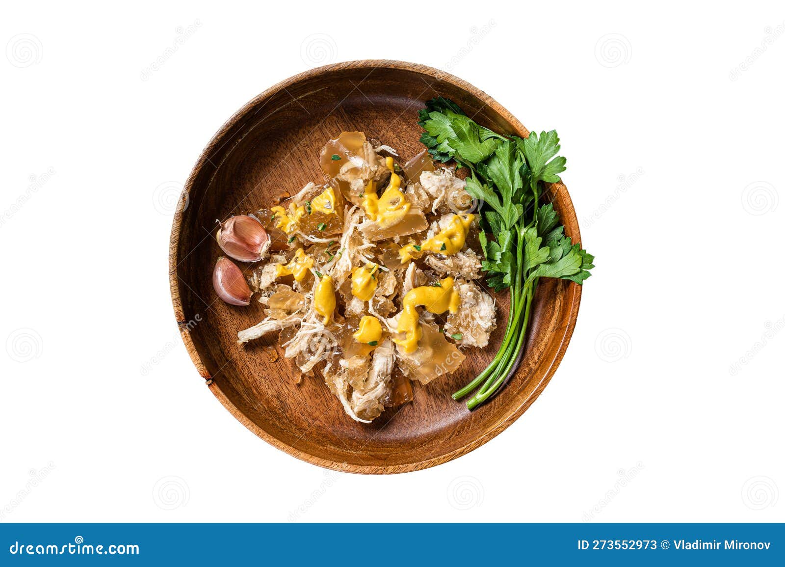 Aspic with Chicken Meat in Plate with Mustard. Isolated on White ...