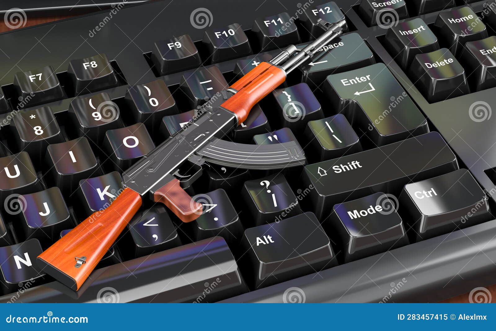 Assault Rifle on Computer Keyboard Concept, 3D Rendering Stock ...