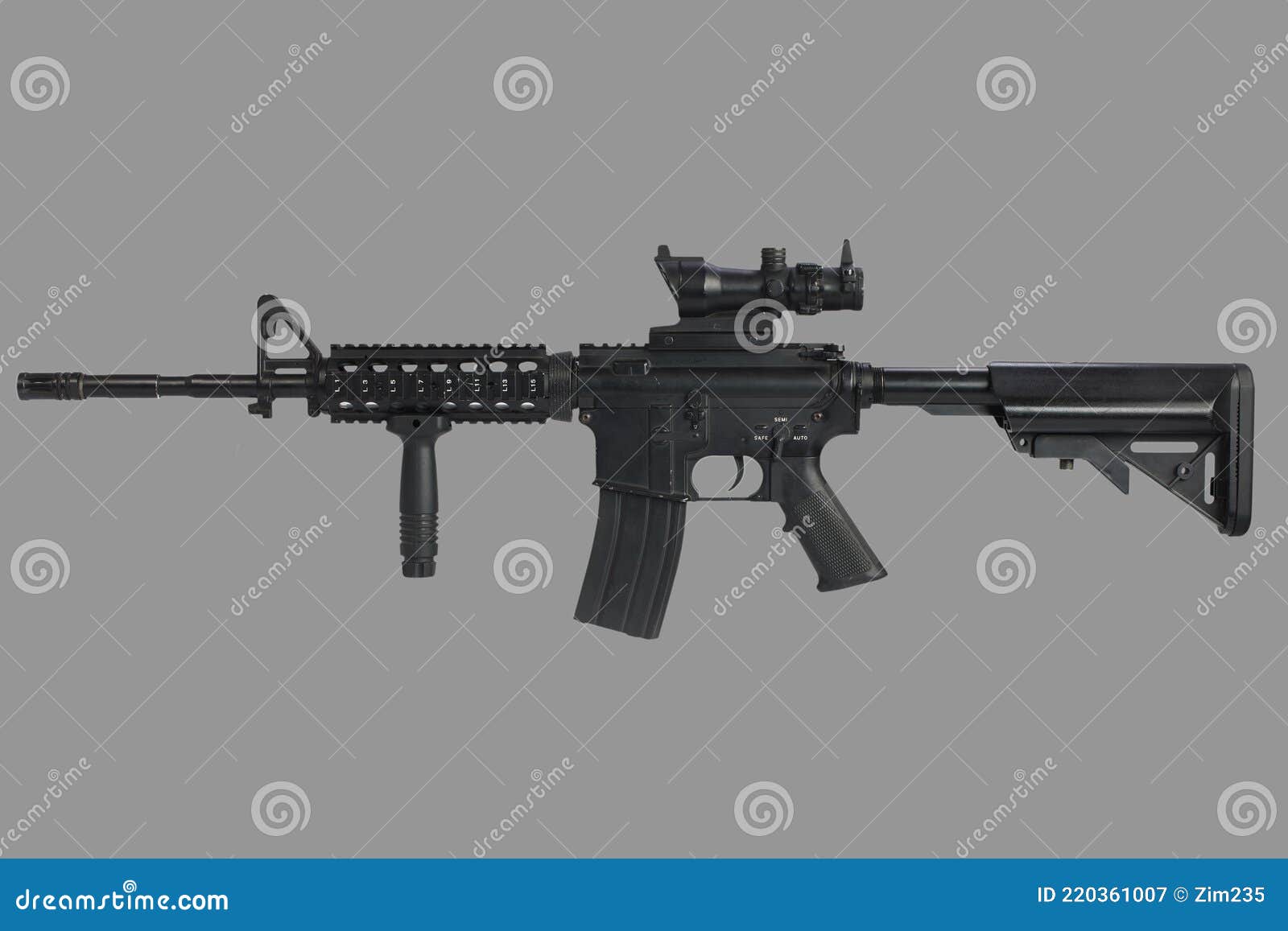 Assault Rifle with Optic Sight and a Foregrip on Gray Background Stock ...
