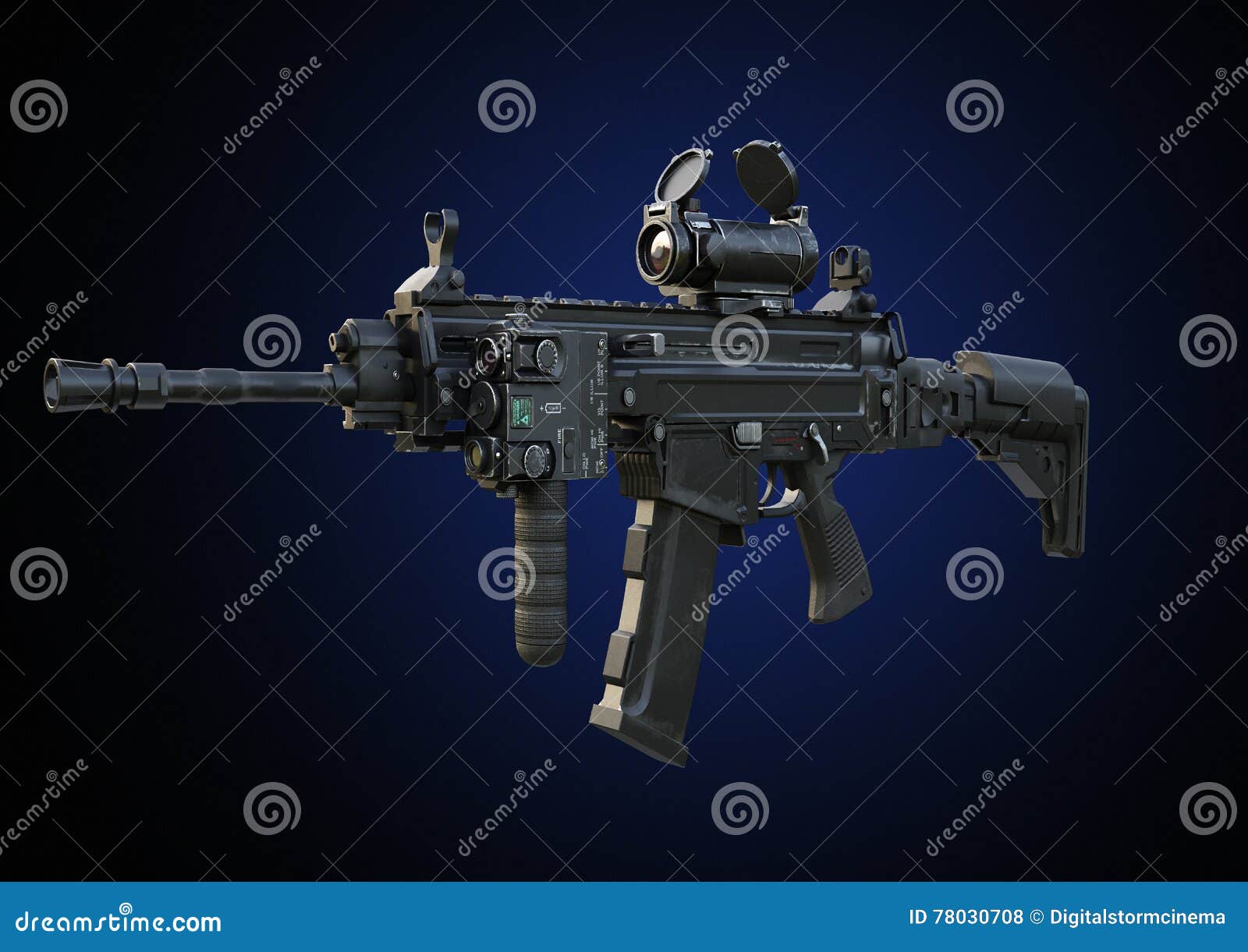 Assault Rifle with Tactical Accessories Front and Rear Sites , and a ...