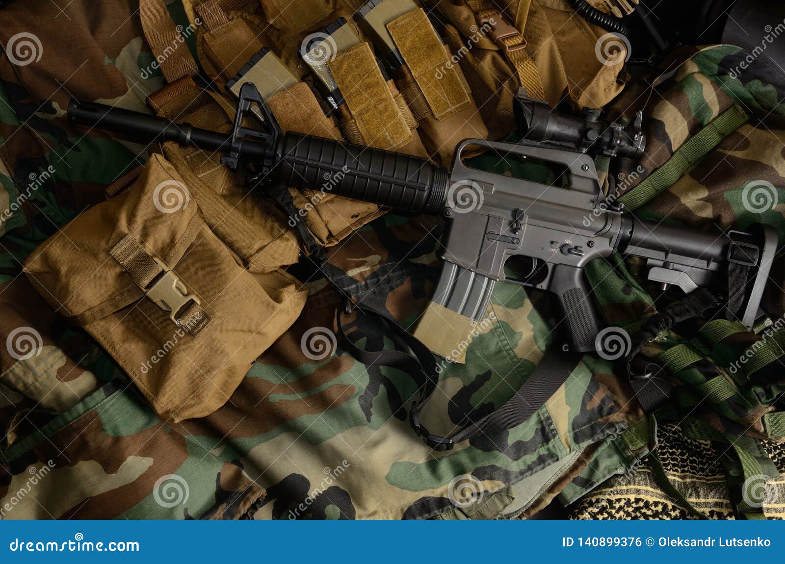 Assault Rifle with Tactical Chest Rigs and Ammunition Stock Photo ...