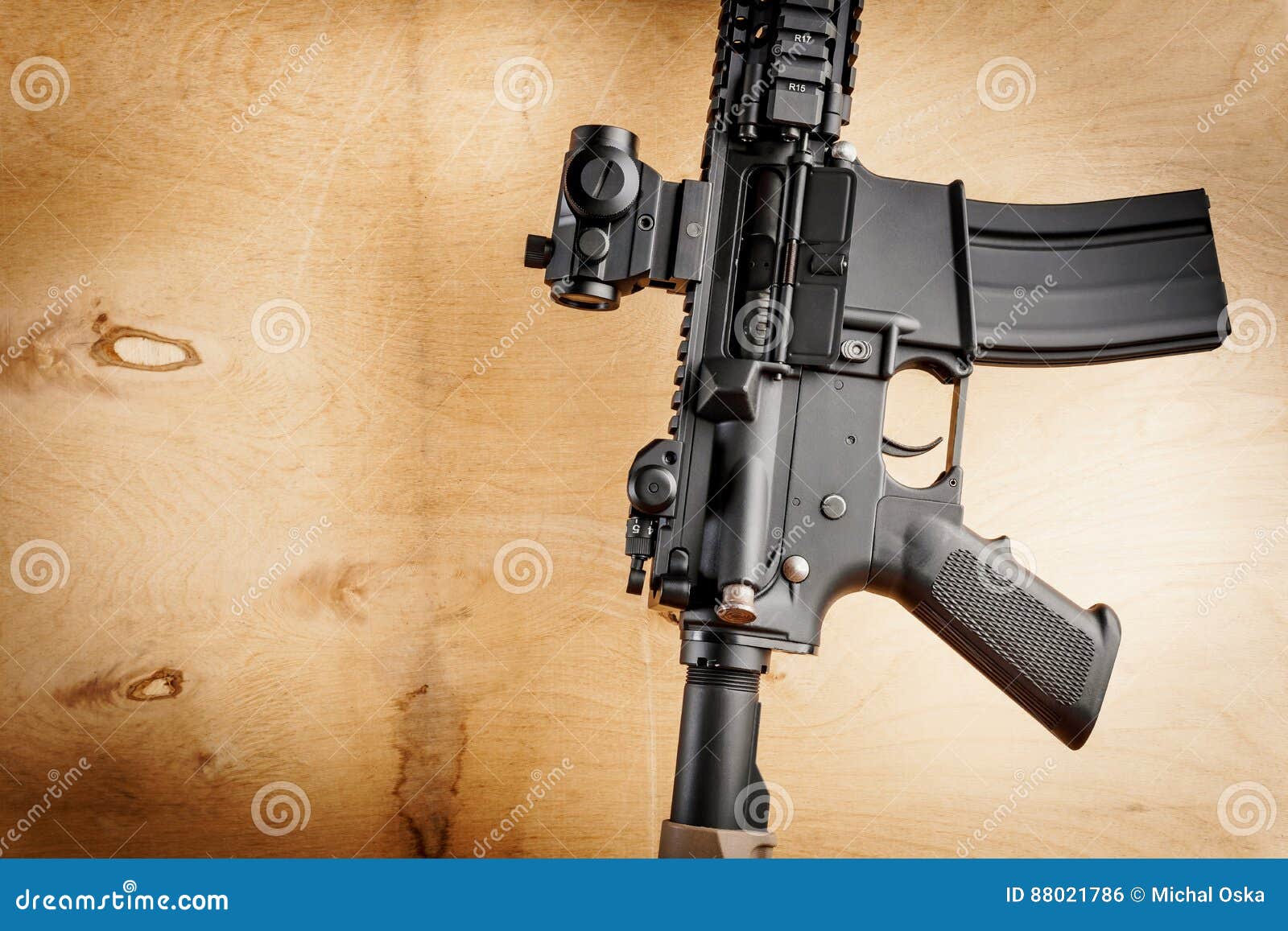 Assault Rifle on a Wooden Table Stock Photo - Image of army, bullet ...