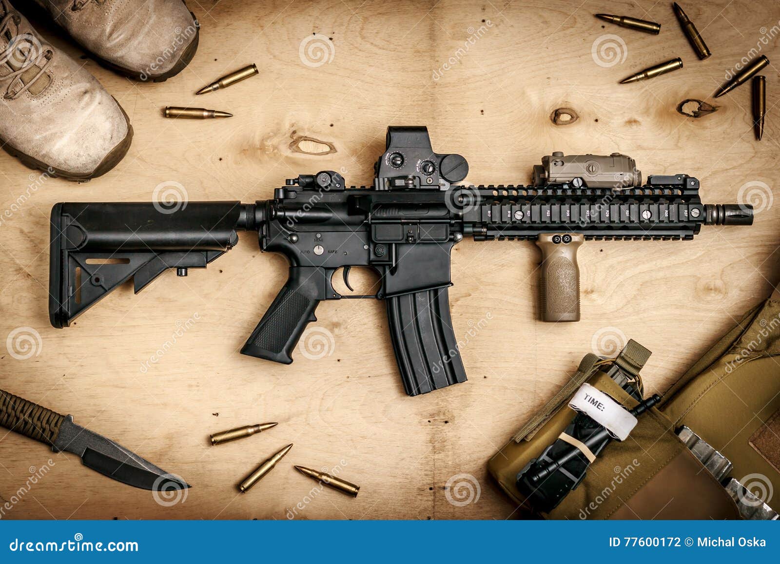 Assault Rifle on a Wooden Table Stock Photo - Image of wood, security ...