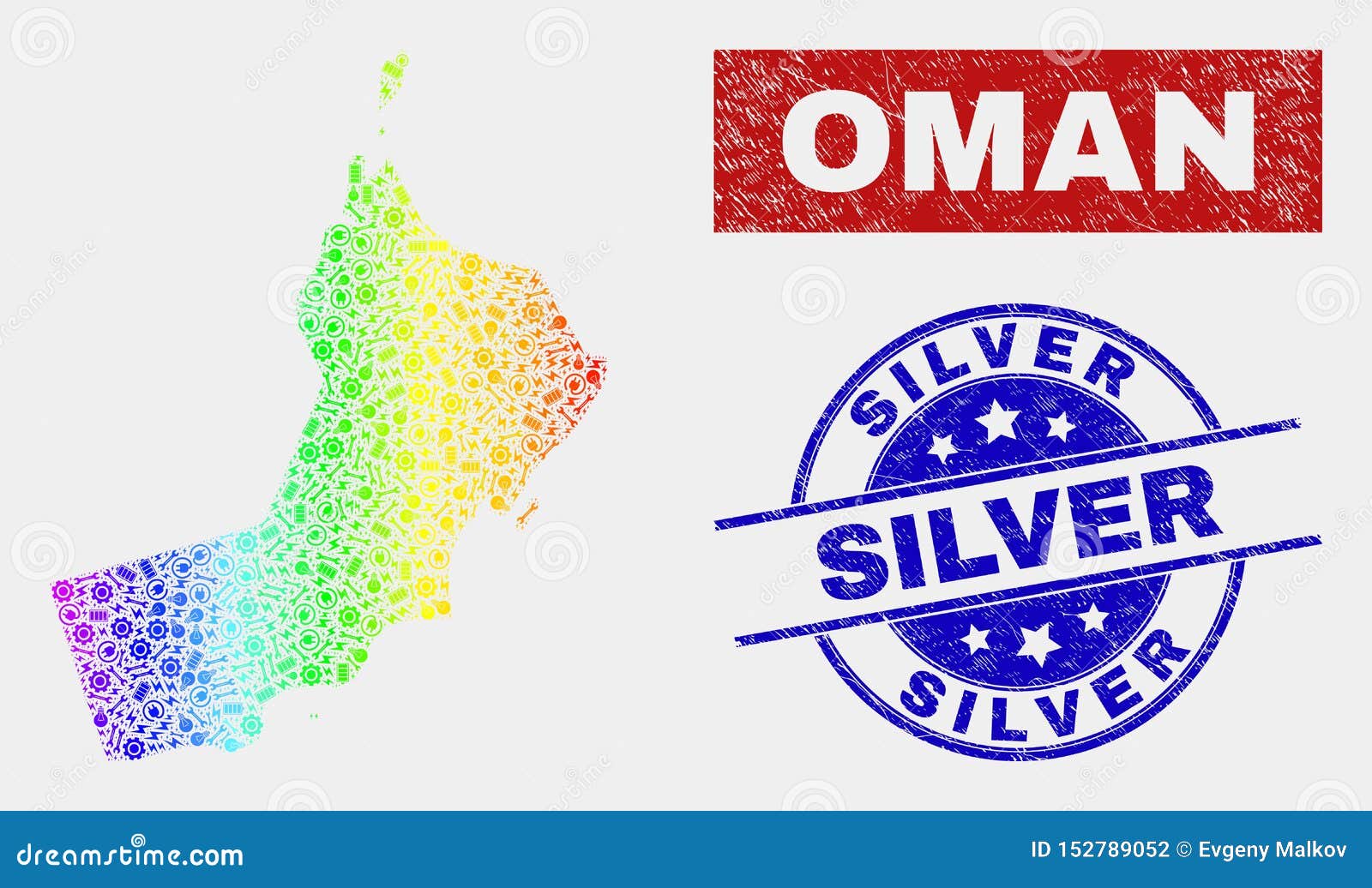 Rainbow Colored Component Oman Map and Grunge Silver Seals Stock Vector ...