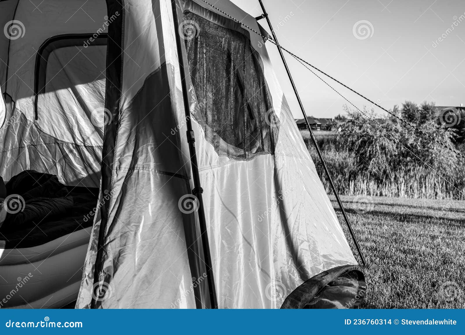 Assembled Camping Tent with Anchor String and Open Flap Stock Photo ...