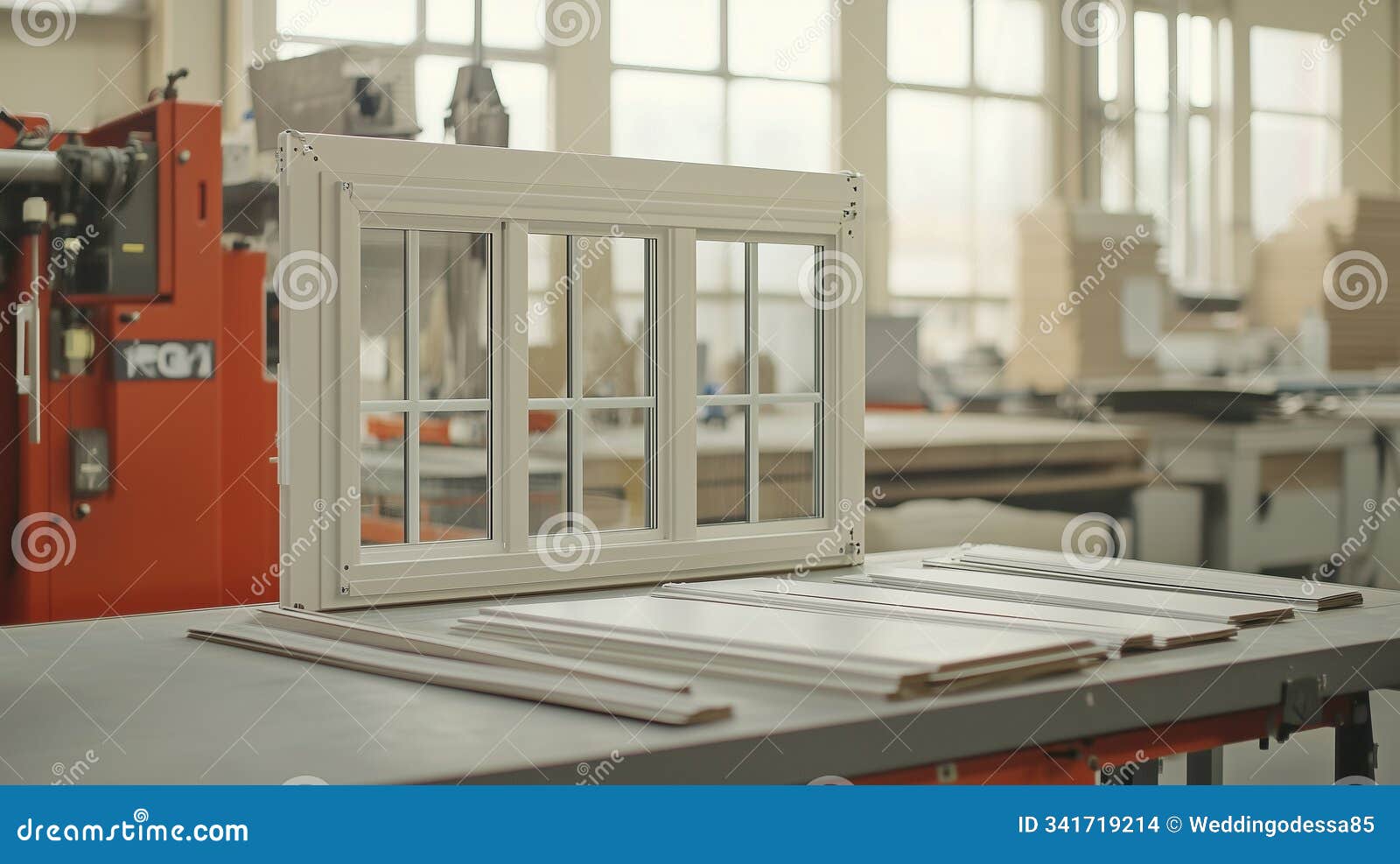 An Assembled Double-glazed Window Frame Lying on a Workbench in a ...