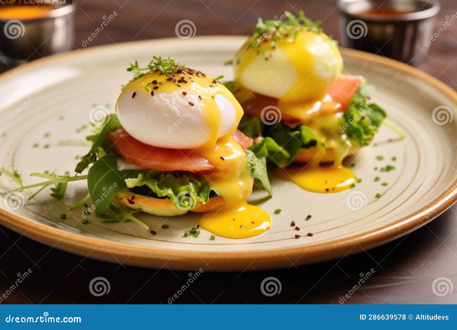 Assembled Eggs Benedict on a Plate with Side Salad Stock Photo - Image ...