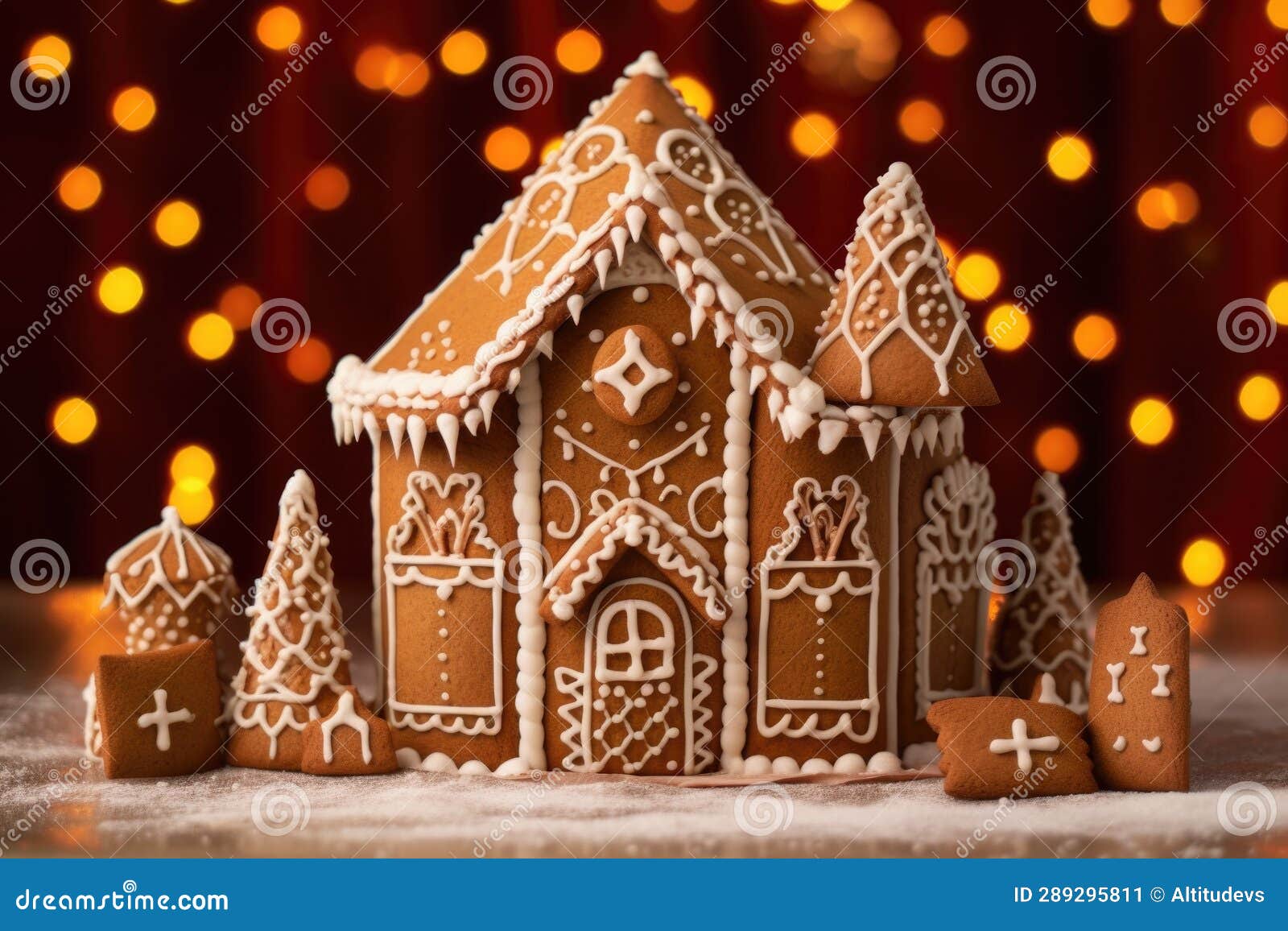 Assembled Gingerbread House with Festive Background Stock Image - Image ...