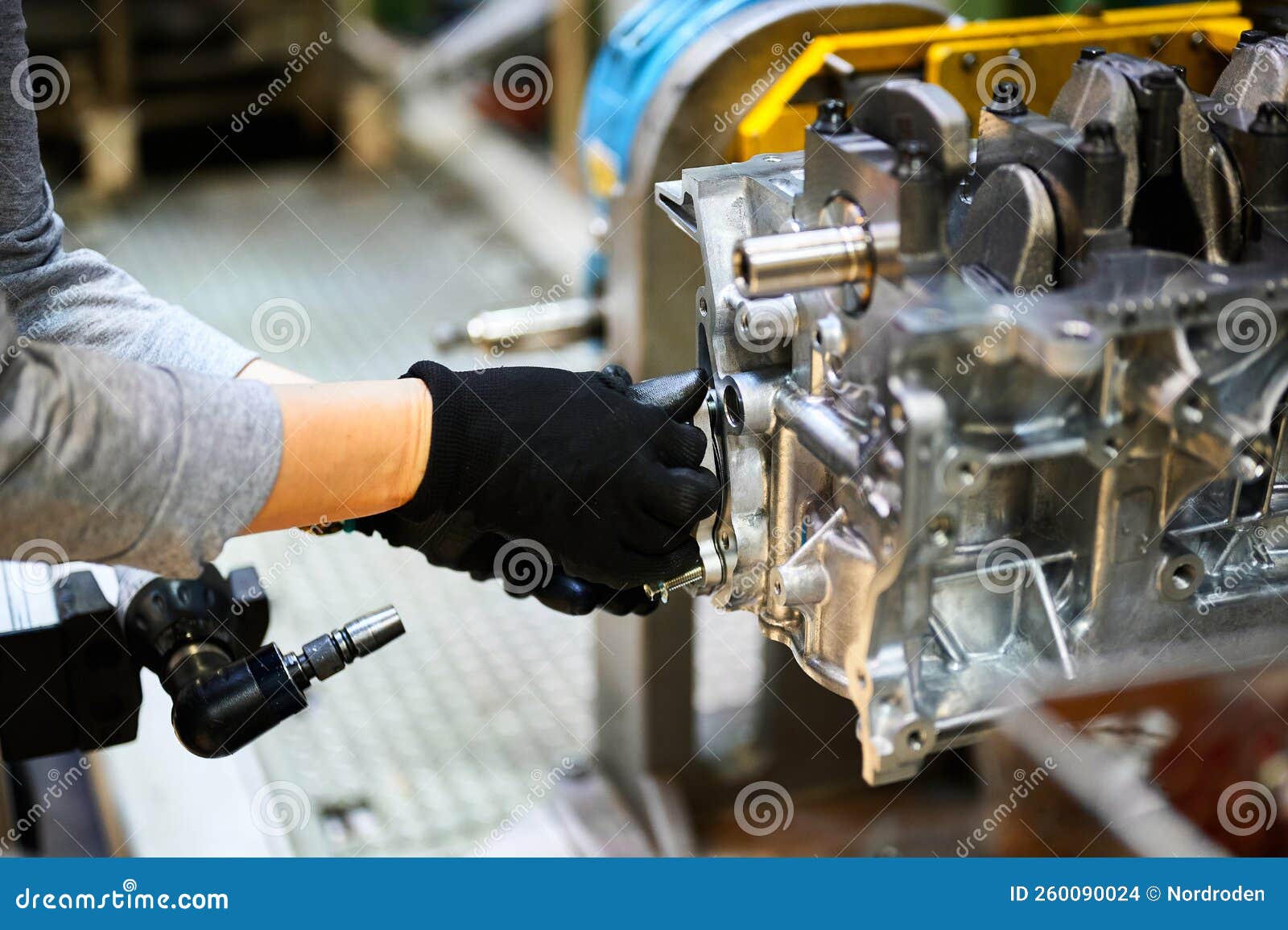 Assembling Car Engine by Worker Hand in Workshop Closeup Stock Photo ...