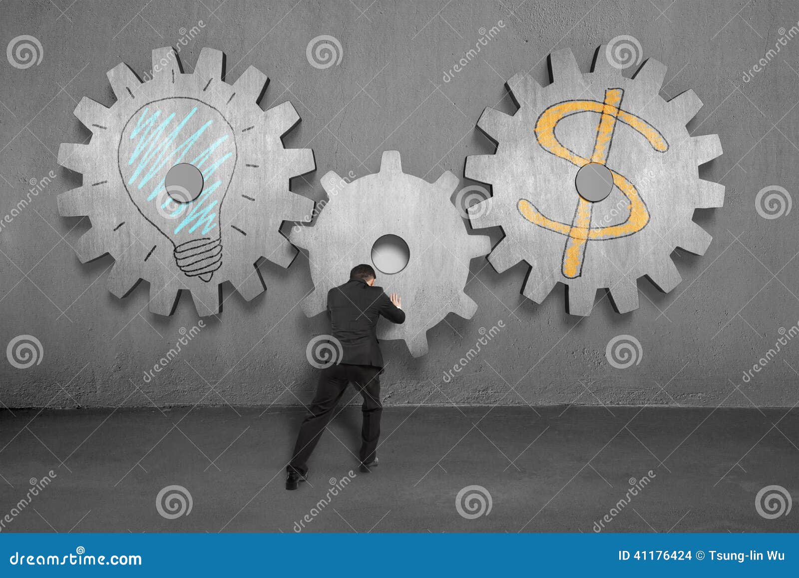 Assembling Concrete Gears with Lamp and Money Symbol Stock Photo ...