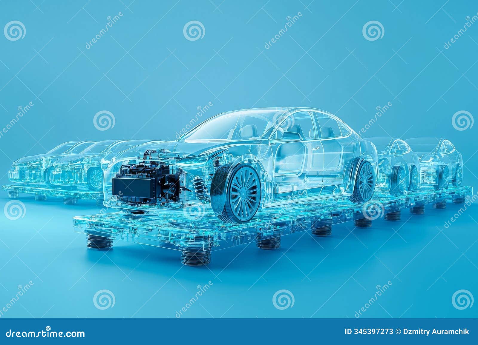 Assembling Electric Cars with Battery Cell Modules on a Platform Stock ...
