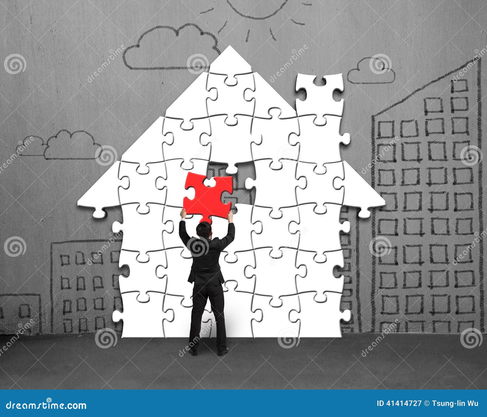 Assembling House Shape Puzzles on Concrete Wall Stock Illustration ...