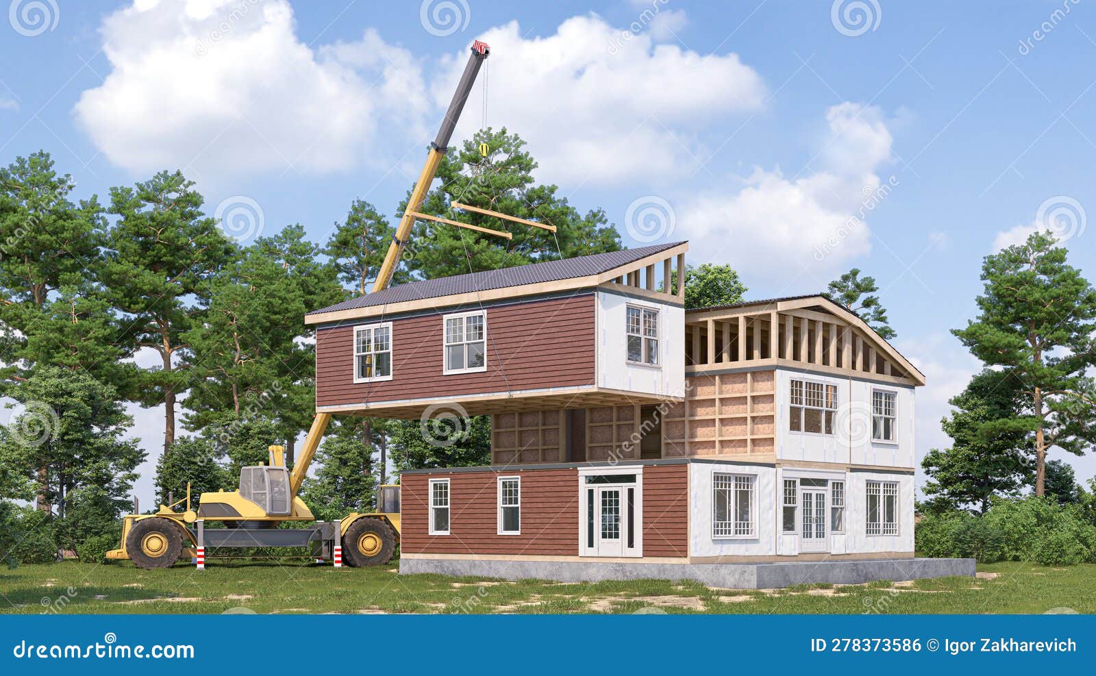 Assembling a Modular House Exterior. 3d Illustration Stock Illustration ...