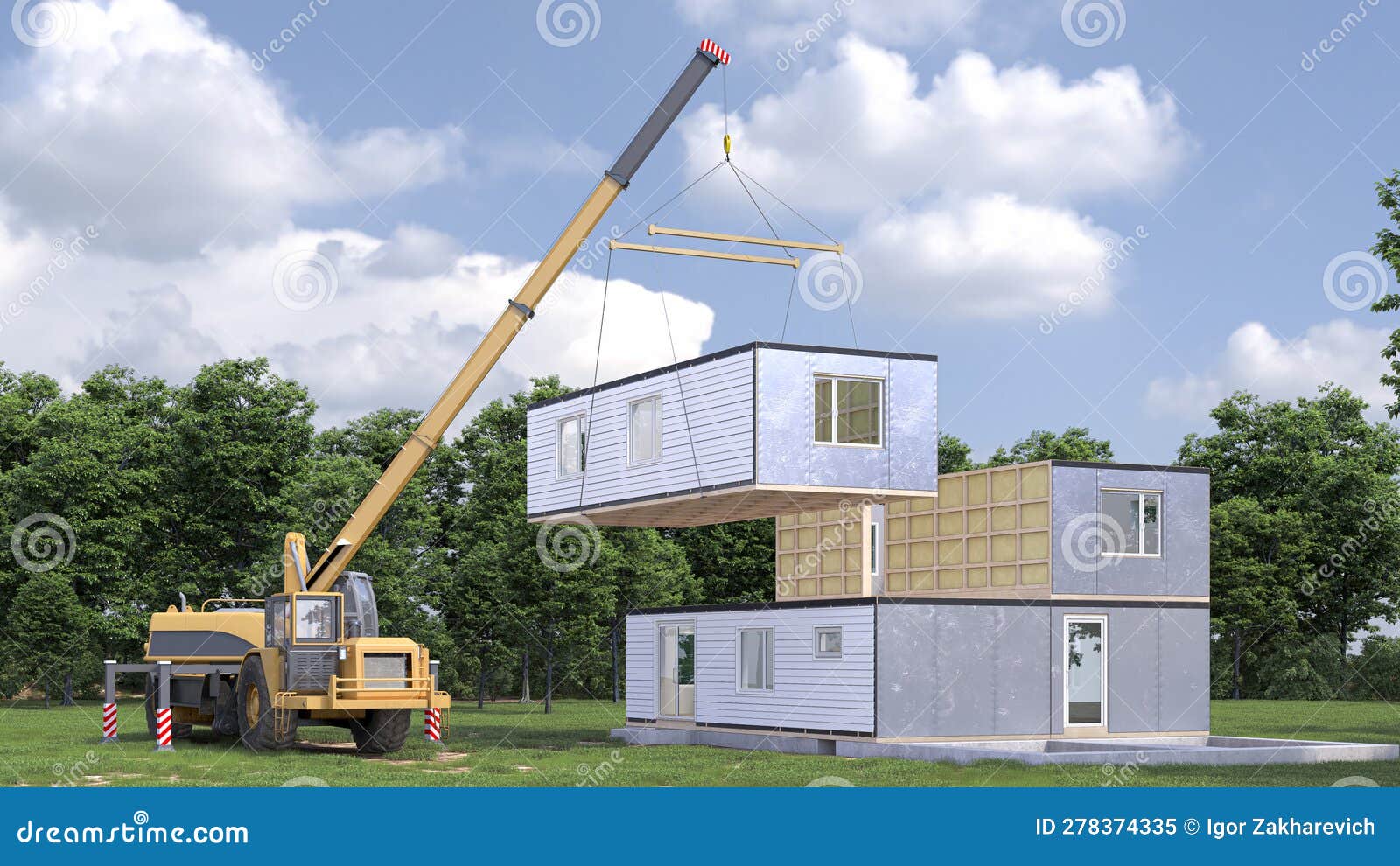 Assembling a Modular House Exterior. 3d Illustration Stock Illustration ...
