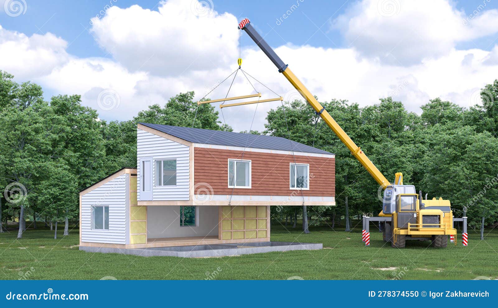 Assembling a Modular House Exterior. 3d Illustration Stock Illustration ...