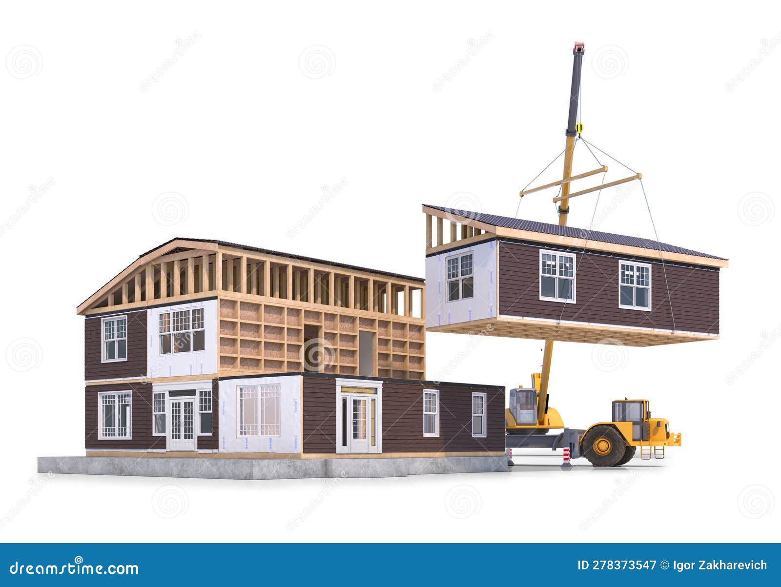 Assembling a Modular House Isolated on White Background. 3d ...