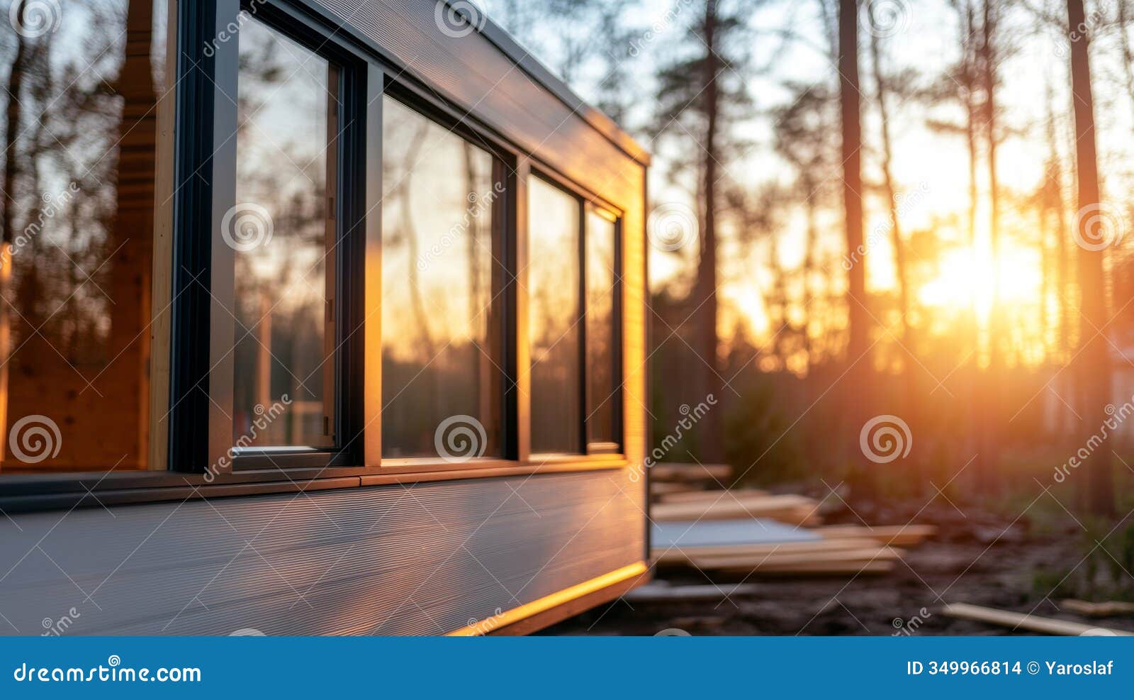 Assembling Modular Sections of a Prefab Tiny House in a Forest, with a ...