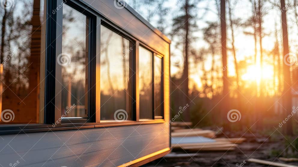 Assembling Modular Sections of a Prefab Tiny House in a Forest, with a ...