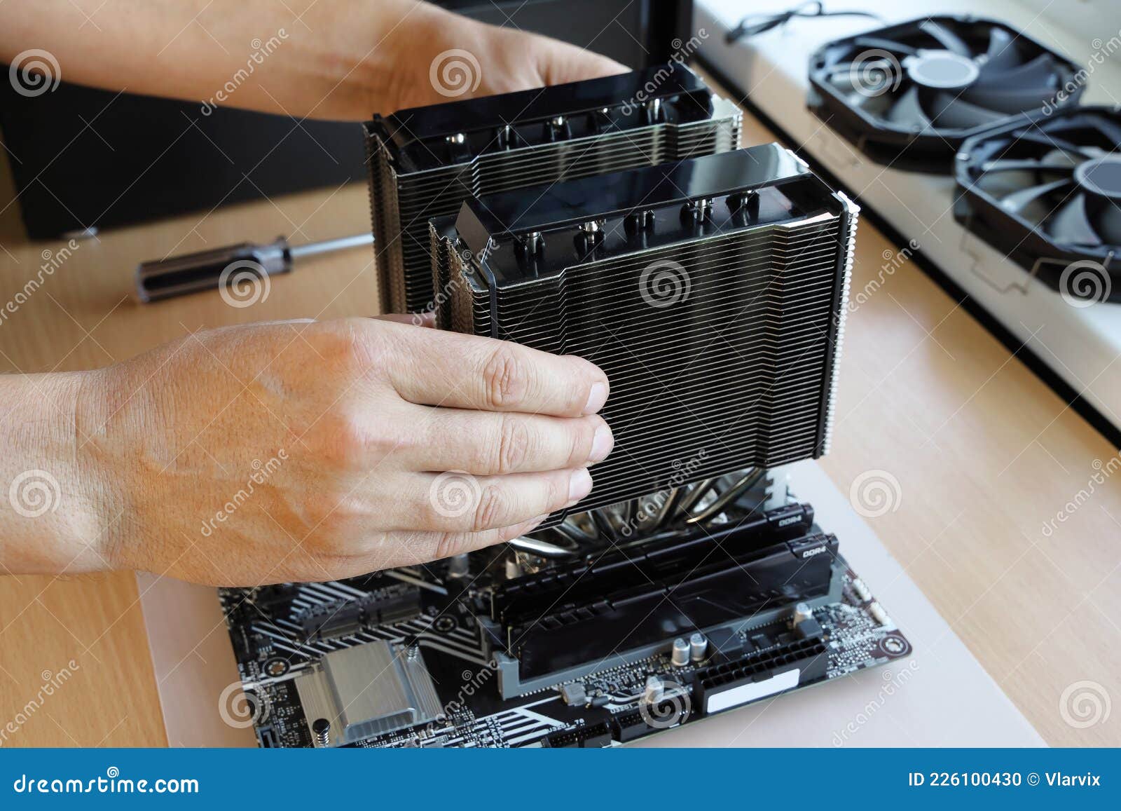 Assembling Powerful Cooling Cooler on Processor on Motherboard Stock ...