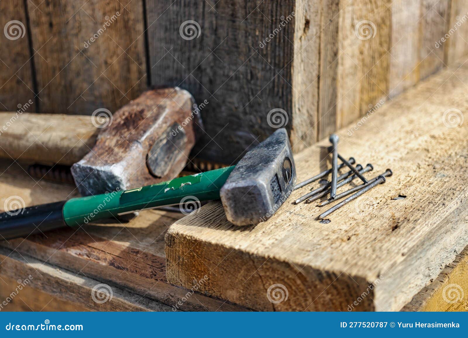 Assembling the Wooden Formwork of the Foundation. Sledgehammer, Hammer ...