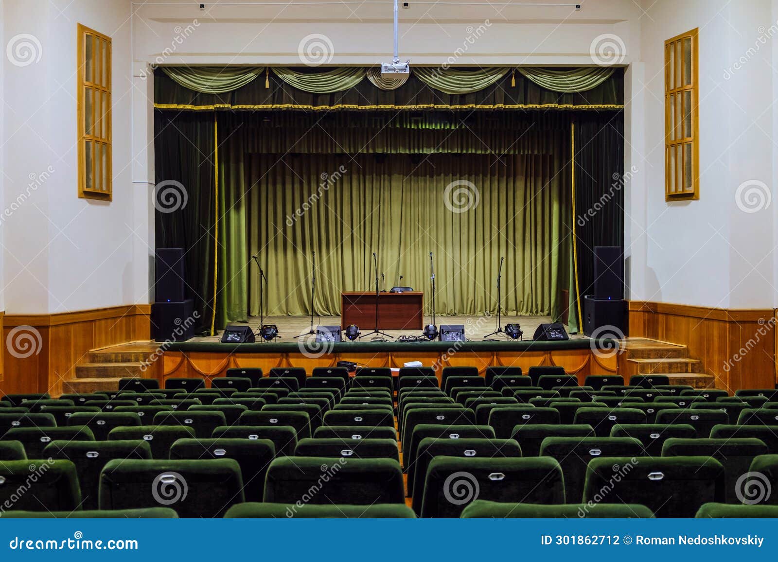 Assembly Hall with Stage for Performance and Rows of Empty Chairs Stock ...