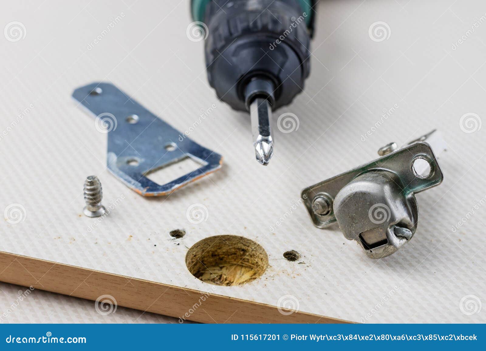 Assembly of Hinges in a Carpentry Workshop. Joinery Accessories Stock ...