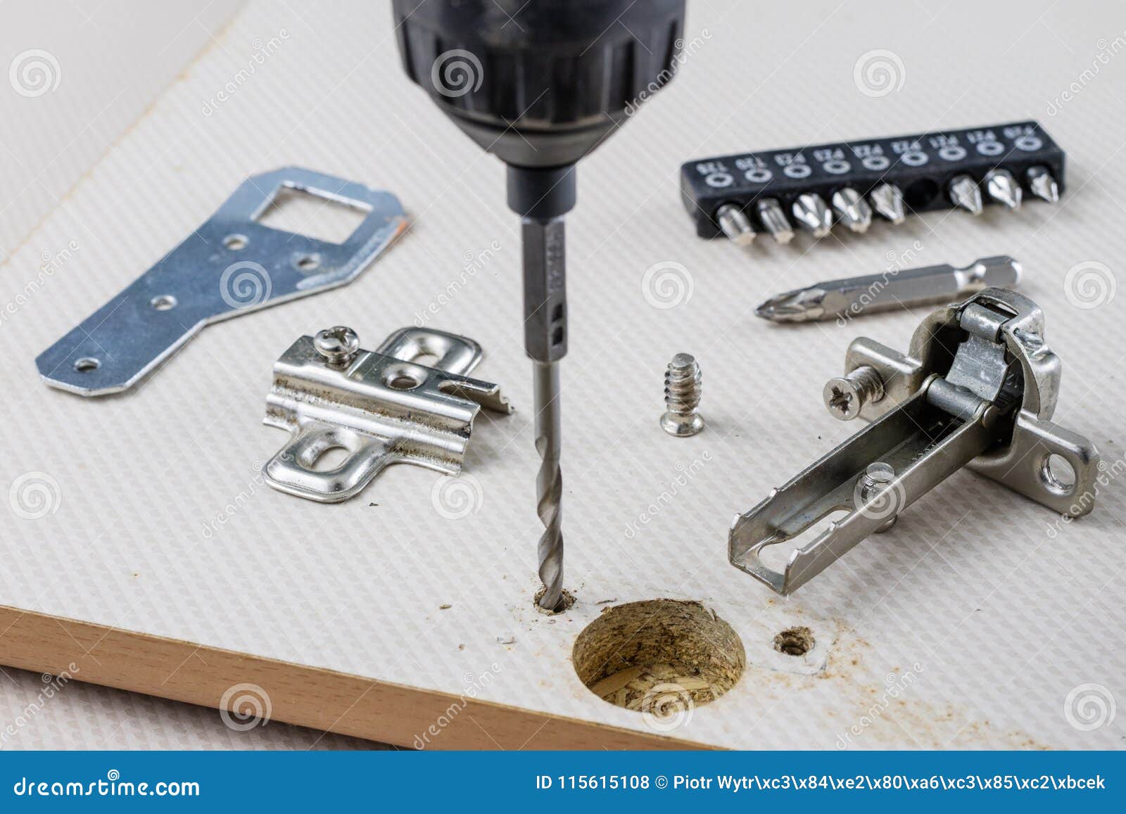 Assembly of Hinges in a Carpentry Workshop. Joinery Accessories Stock ...