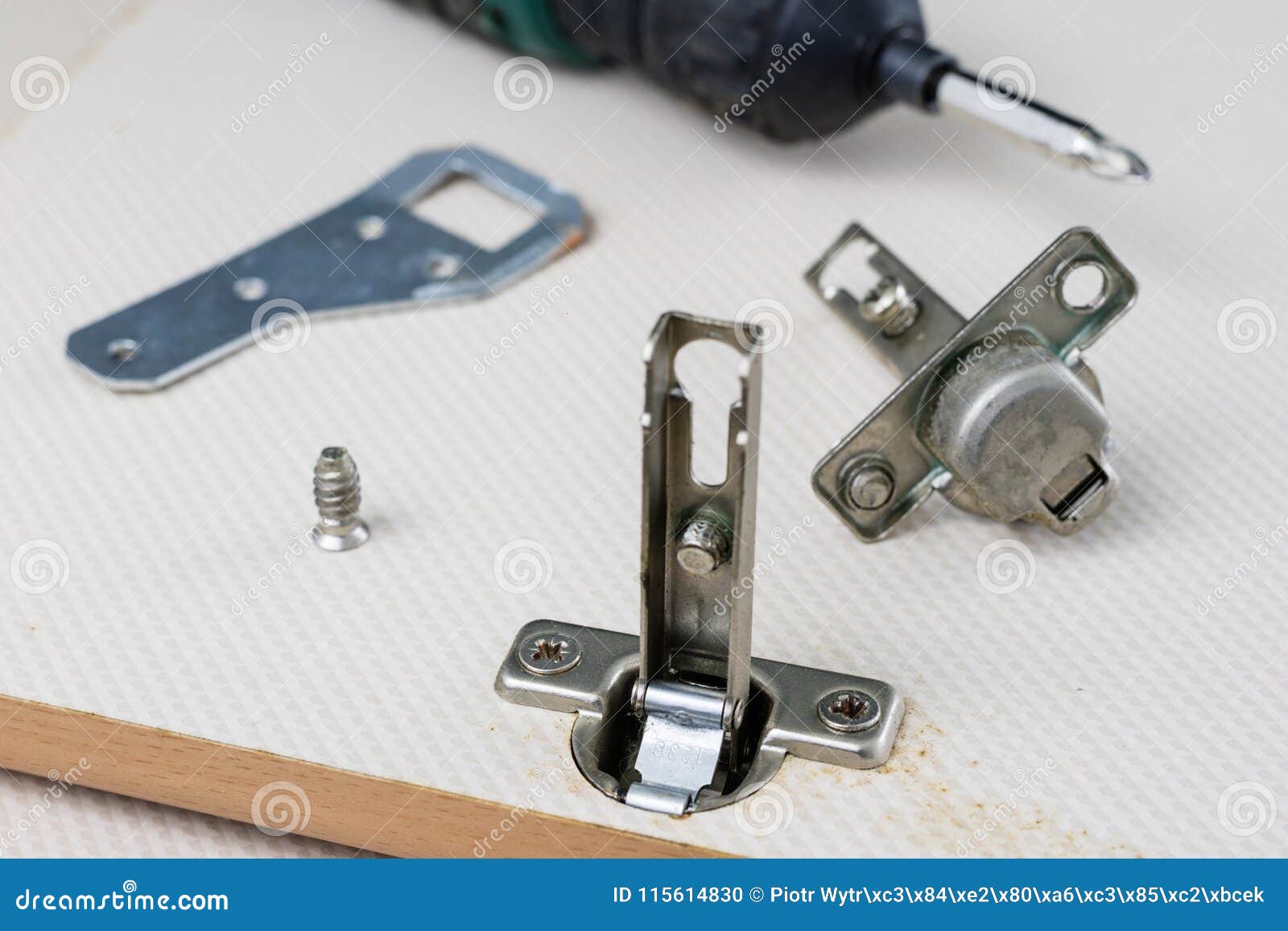 Assembly of Hinges in a Carpentry Workshop. Joinery Accessories Stock ...