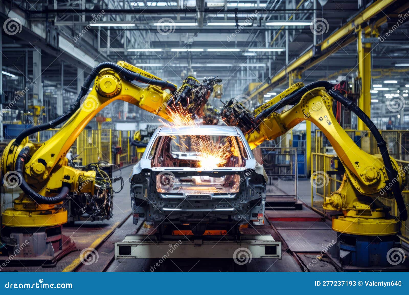 Assembly Line with Car Being Worked on by Machine in Factory ...