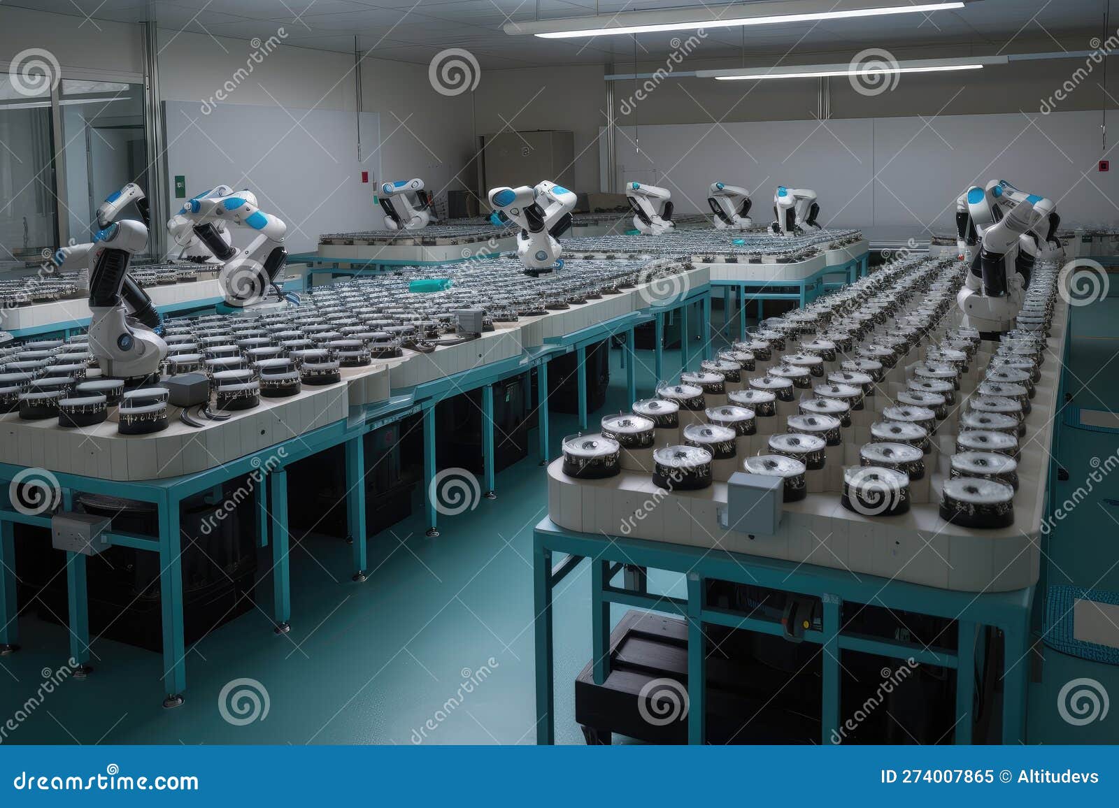 Assembly Line Of Cobots Each Performing Precise Task In Sequence Stock Illustration
