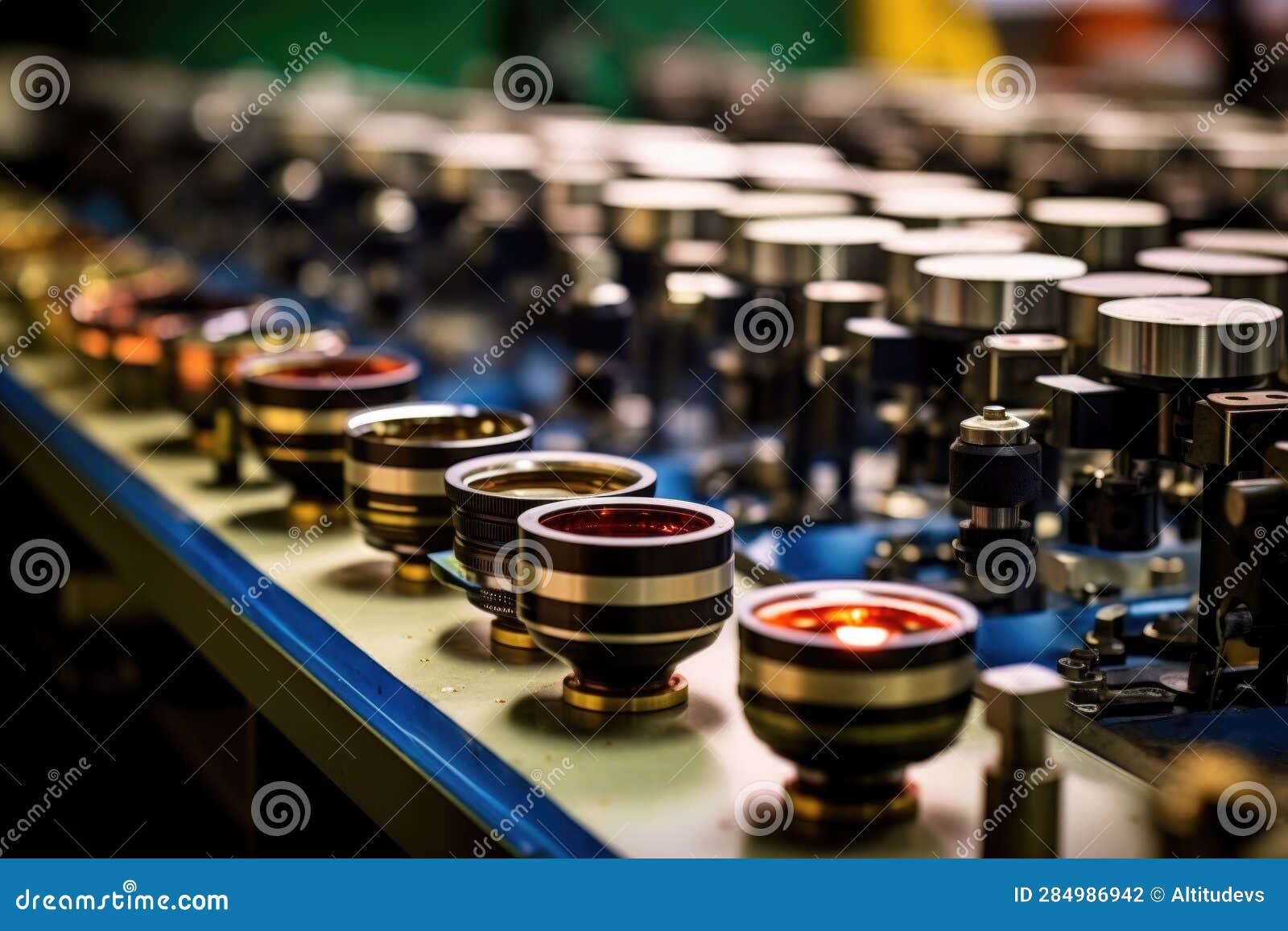 Assembly Line of Lens Components in Production Stock Illustration ...