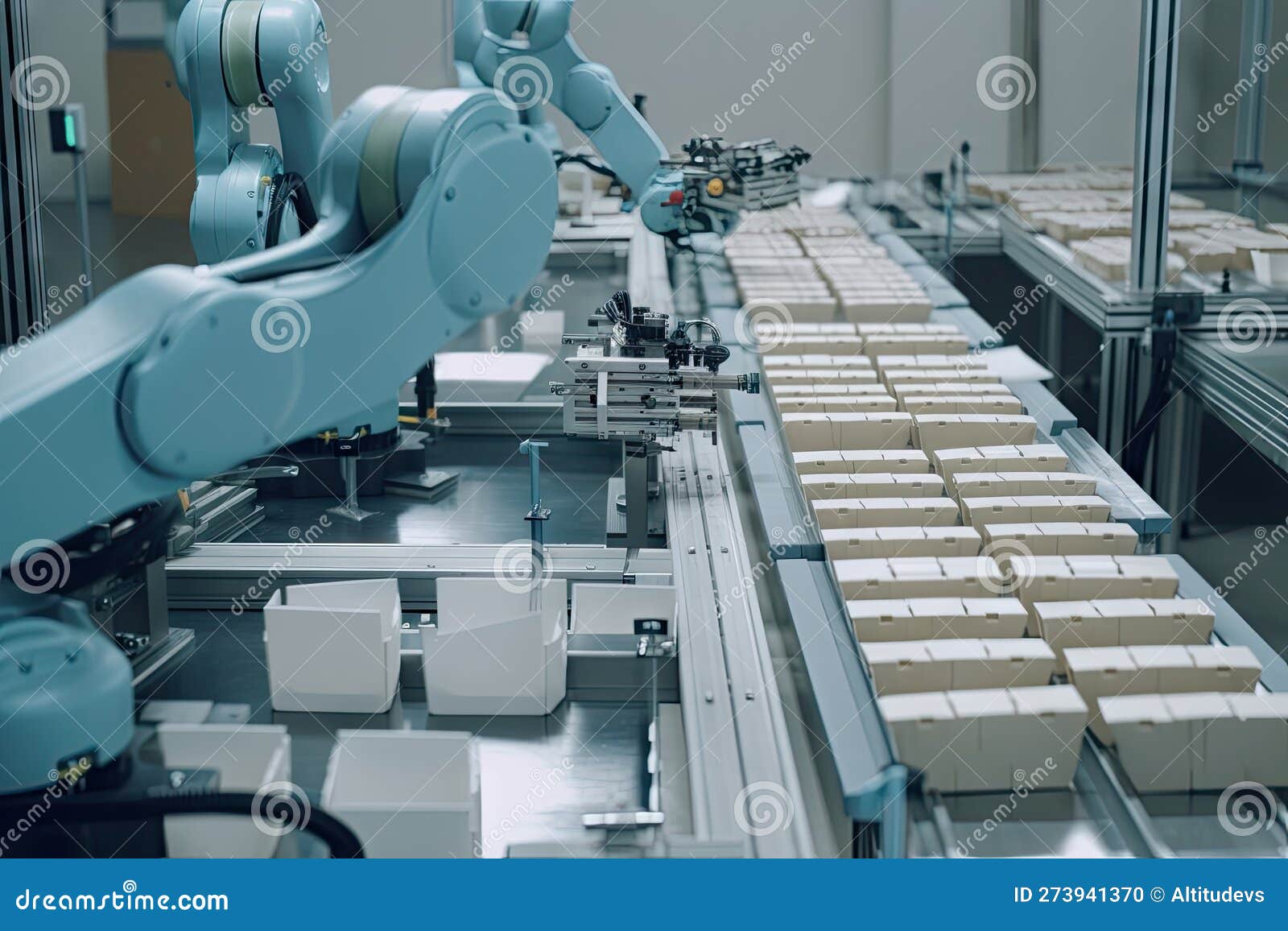 Assembly Line, with Robotic Arms and Hands Assembling Products and ...