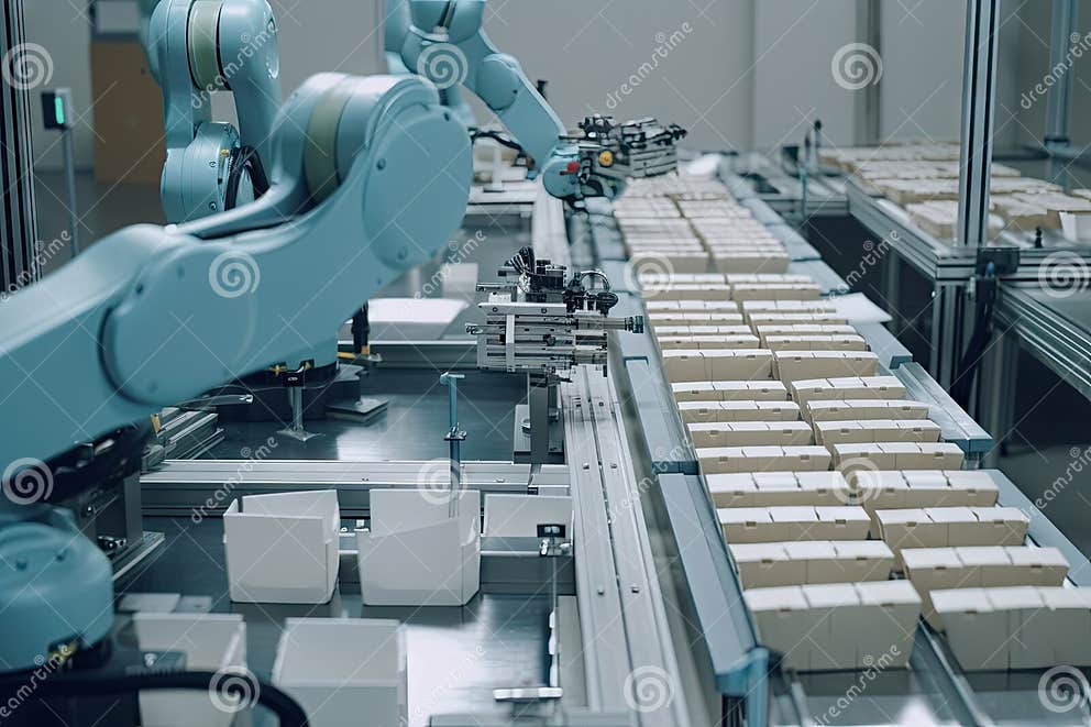 Assembly Line, with Robotic Arms and Hands Assembling Products and ...