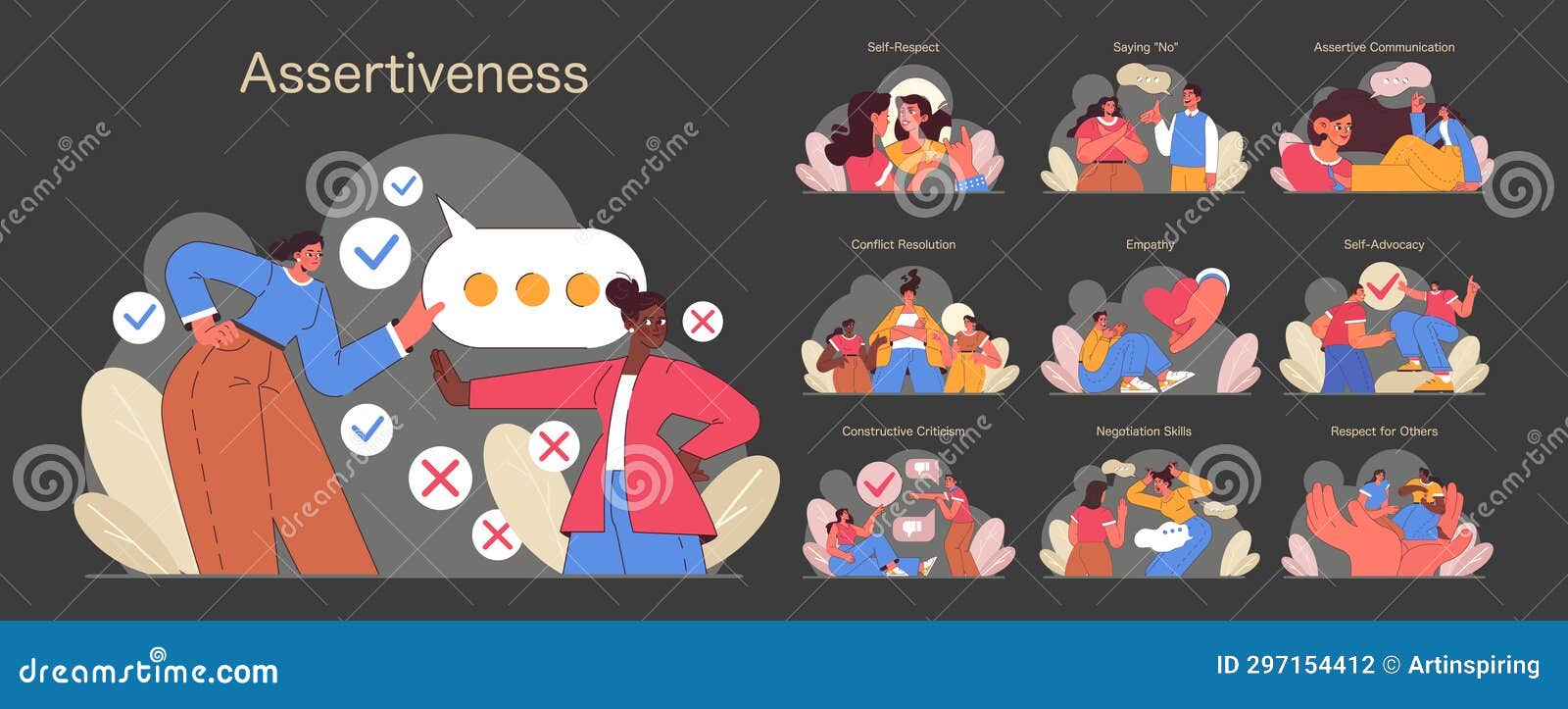 Assertiveness Set Flat Vector Illustration Stock Illustration