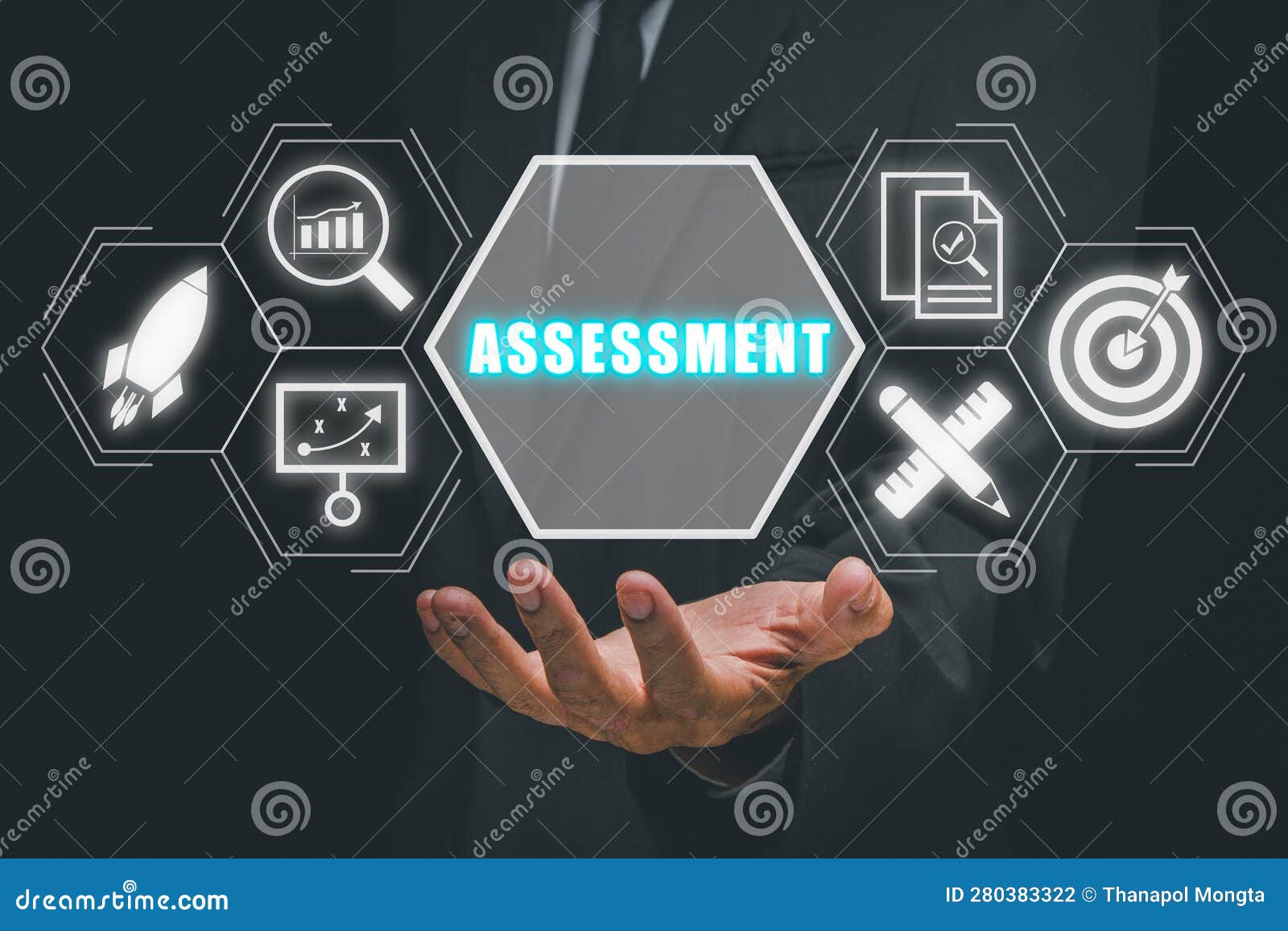 Business Person Hand Holding Assessment Icon on Virtual Screen Stock ...