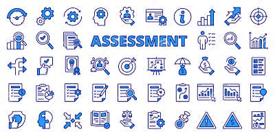 Assessment Icons in Line Design, Blue. Assessment, Data, Analysis ...