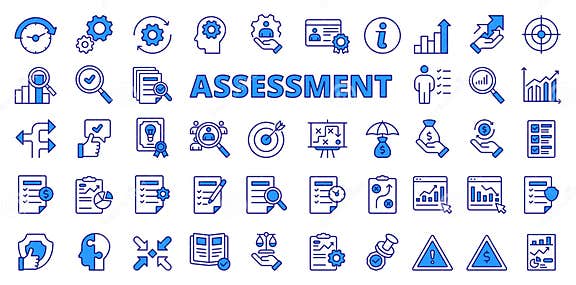 Assessment Icons in Line Design, Blue. Assessment, Data, Analysis ...