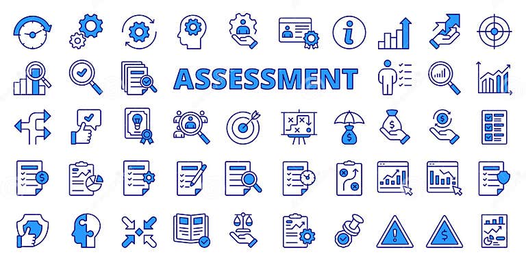 Assessment Icons in Line Design, Blue. Assessment, Data, Analysis ...