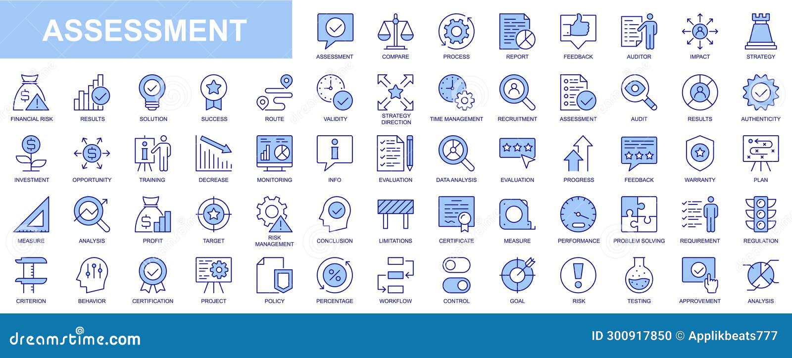 Assessment Web Icons Set in Blue Line Design. Pack of Process, Report ...