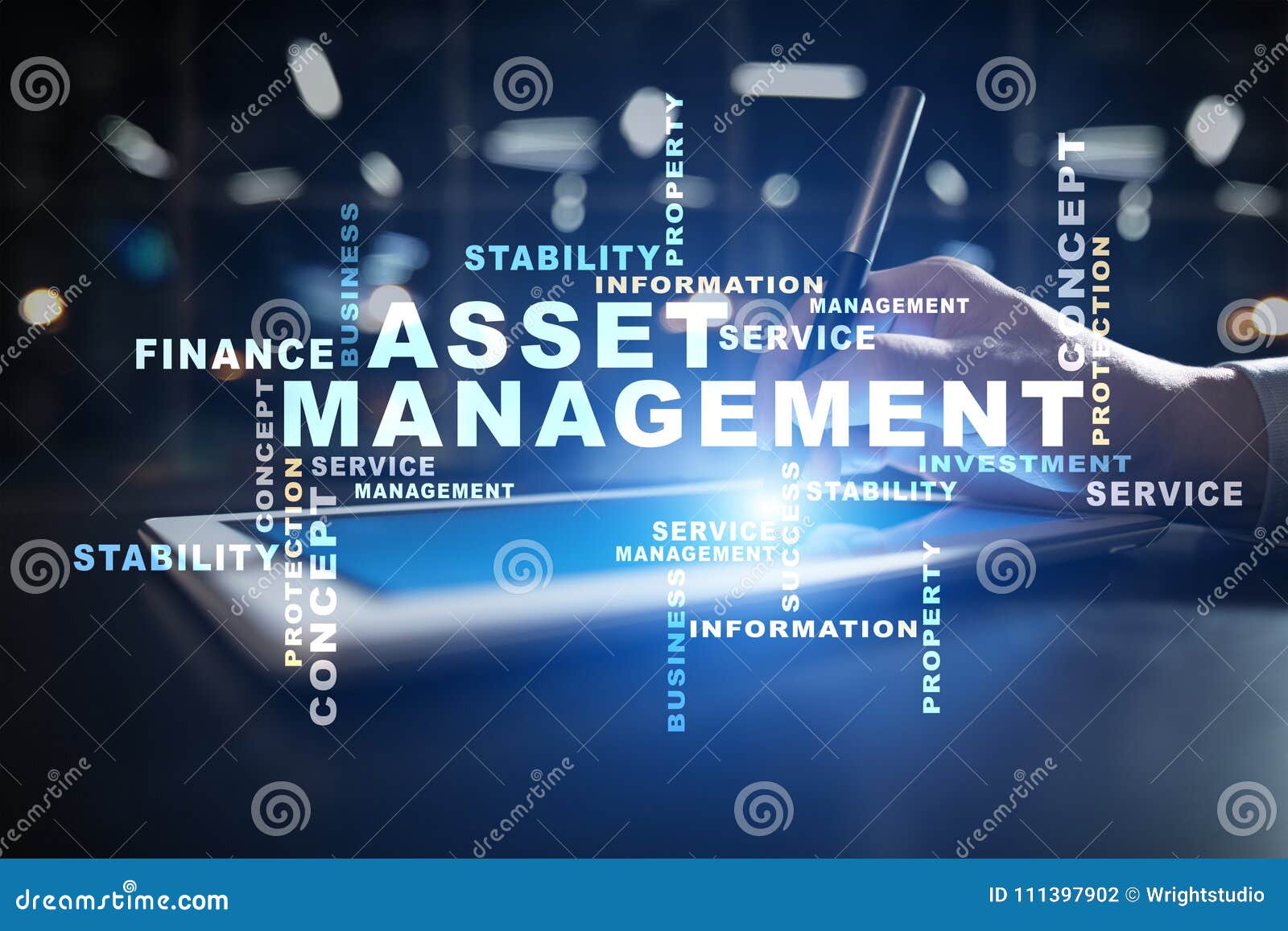 Asset Management on the Virtual Screen. Business Concept. Words Cloud ...