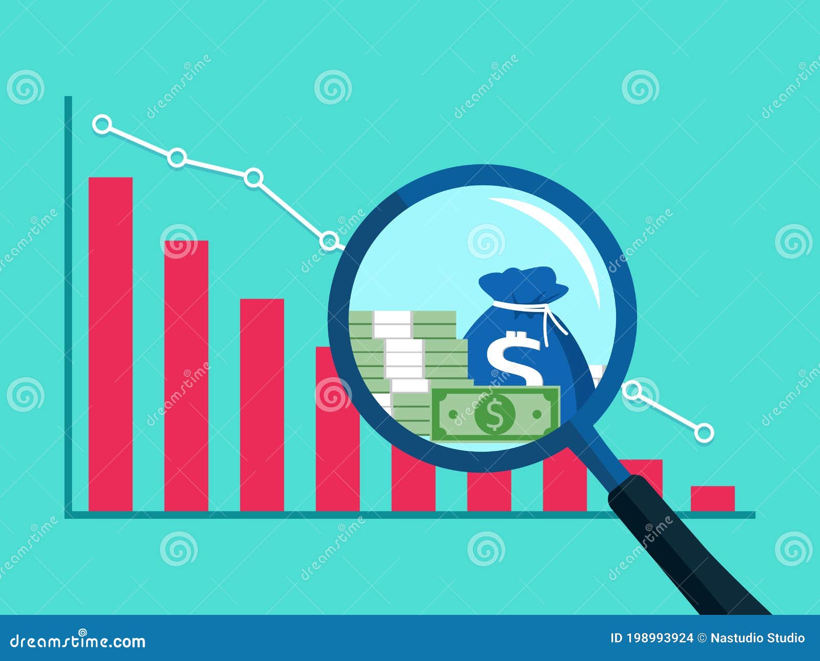 Assets in a Magnifying Glass and a Downtrend Chart. Profit Reduction ...